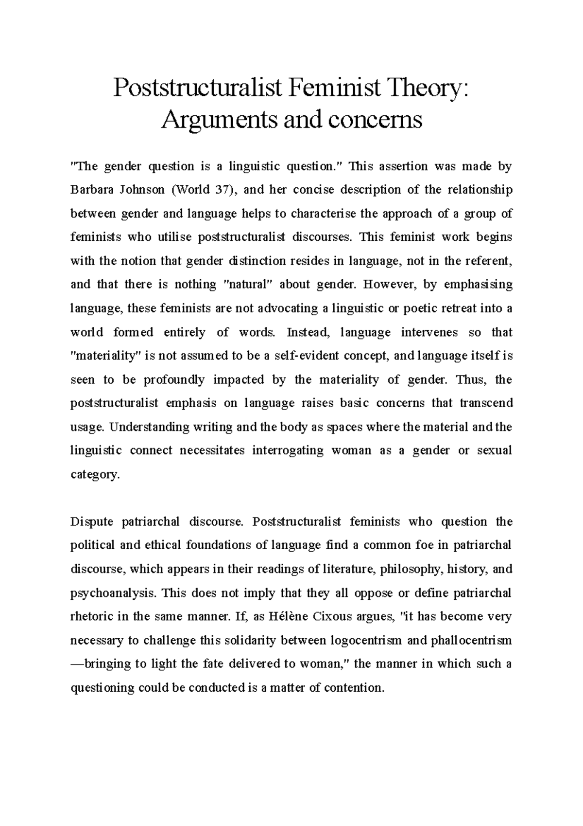 Poststructuralist Feminist Theory Arguments and concerns ...