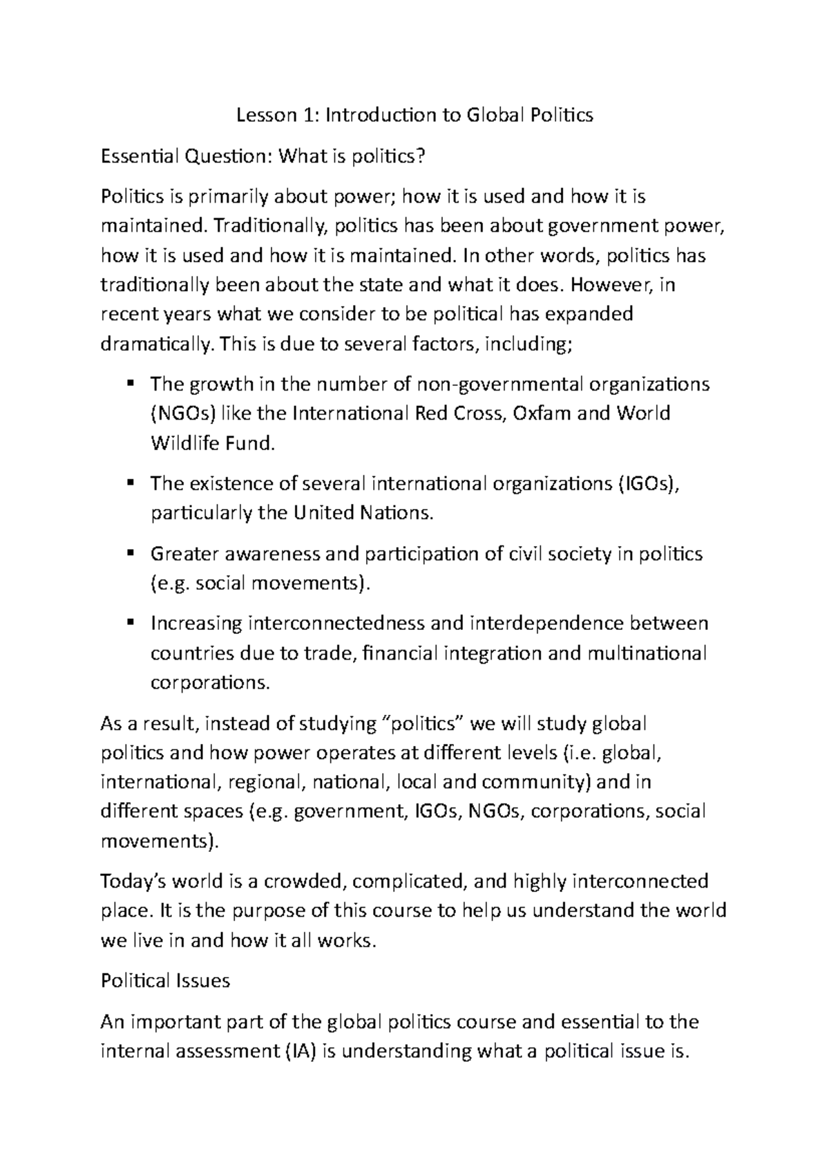 Lesson 1 GP - Global politics........ - Lesson 1: Introduction to ...