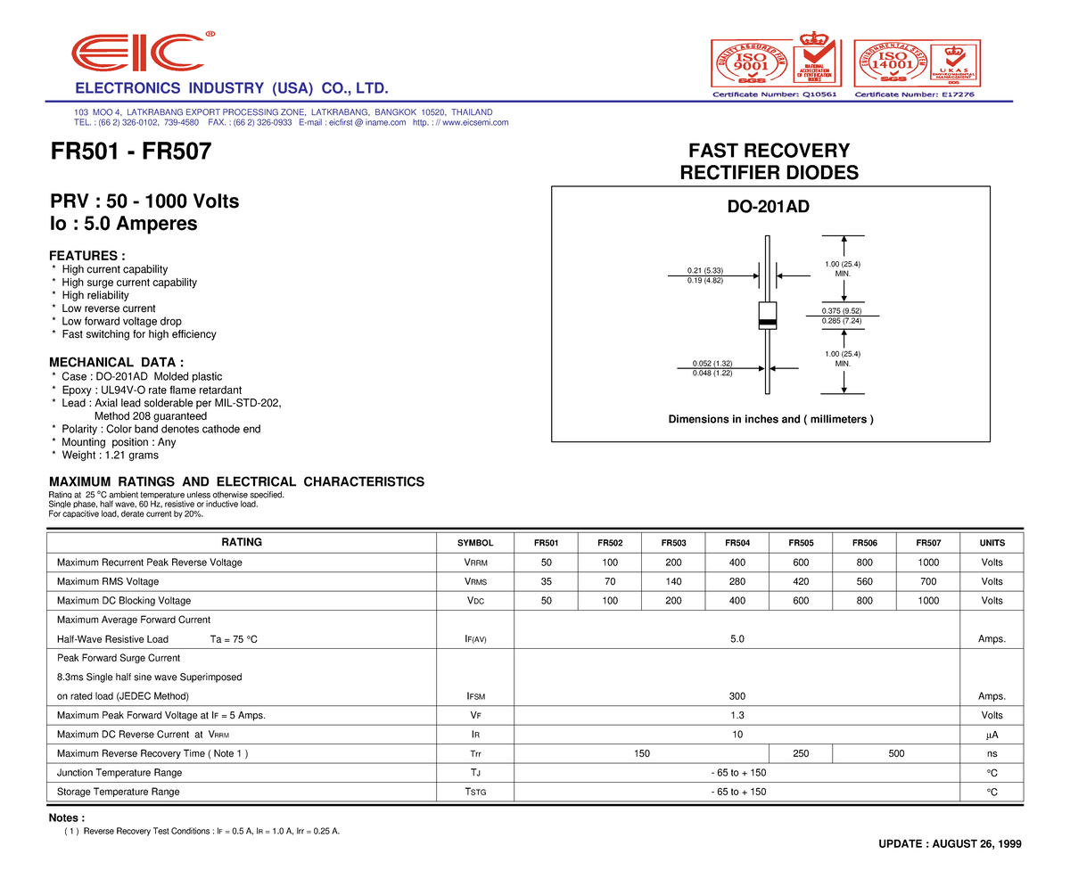 FR501 - Descripción del diodo de acción rapida de 5 amperes - FR501 ...