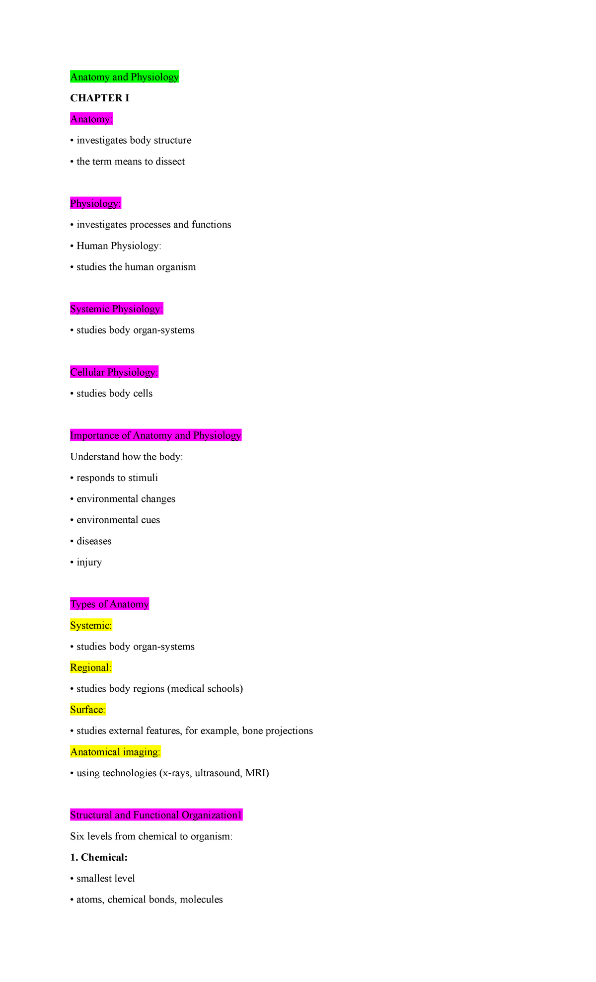 Anatomy and Physiology 1ST SEM (PRE-LIMS) - Anatomy and Physiology CHAPTER I Anatomy ...