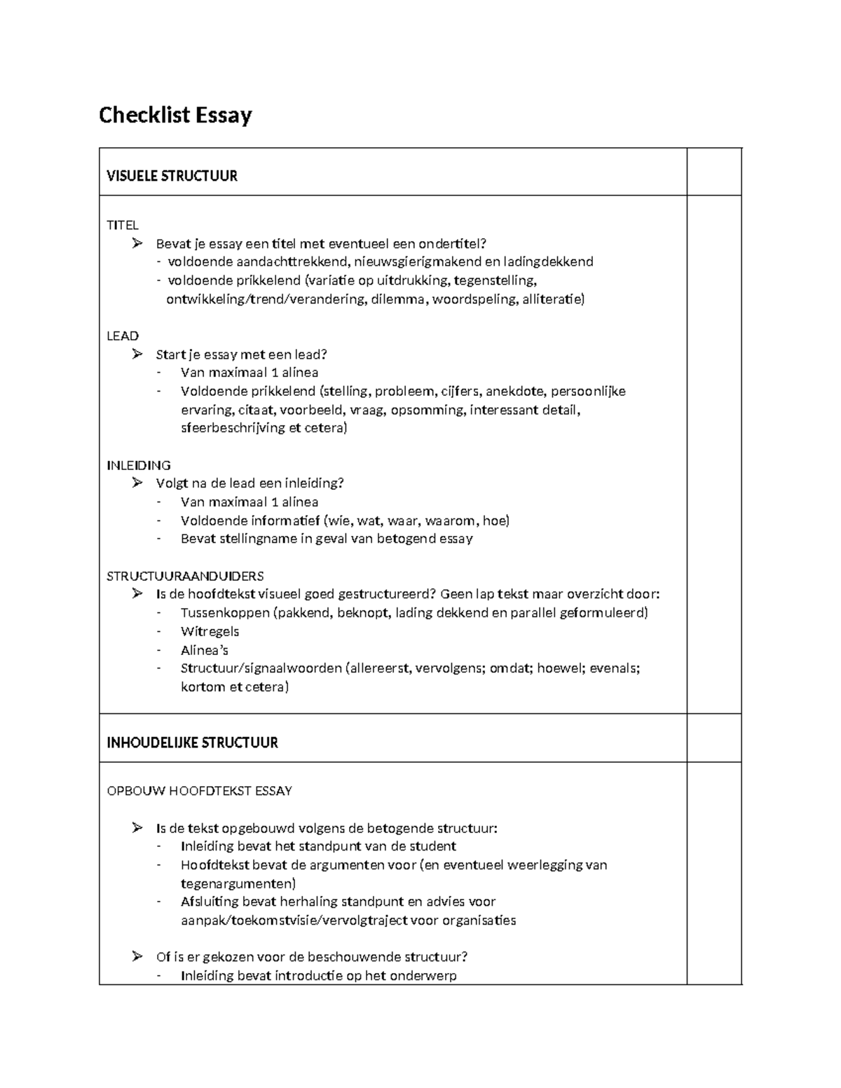 Checklist Essay - Checklist Essay VISUELE STRUCTUUR TITEL Bevat je ...