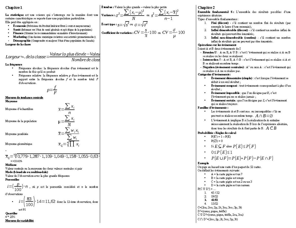 Feuille aide-mémoire Intra - Chapitre 1 La statistique est une science qui s’interroge sur la ...