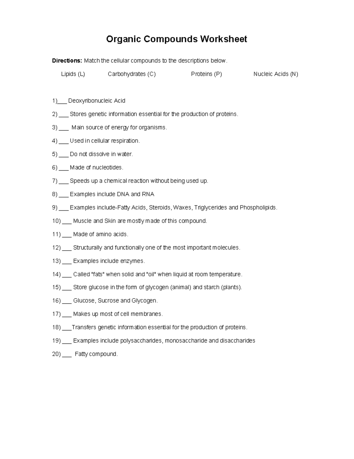 Biological Molecules Vocabulary - Organic Compounds Worksheet ...