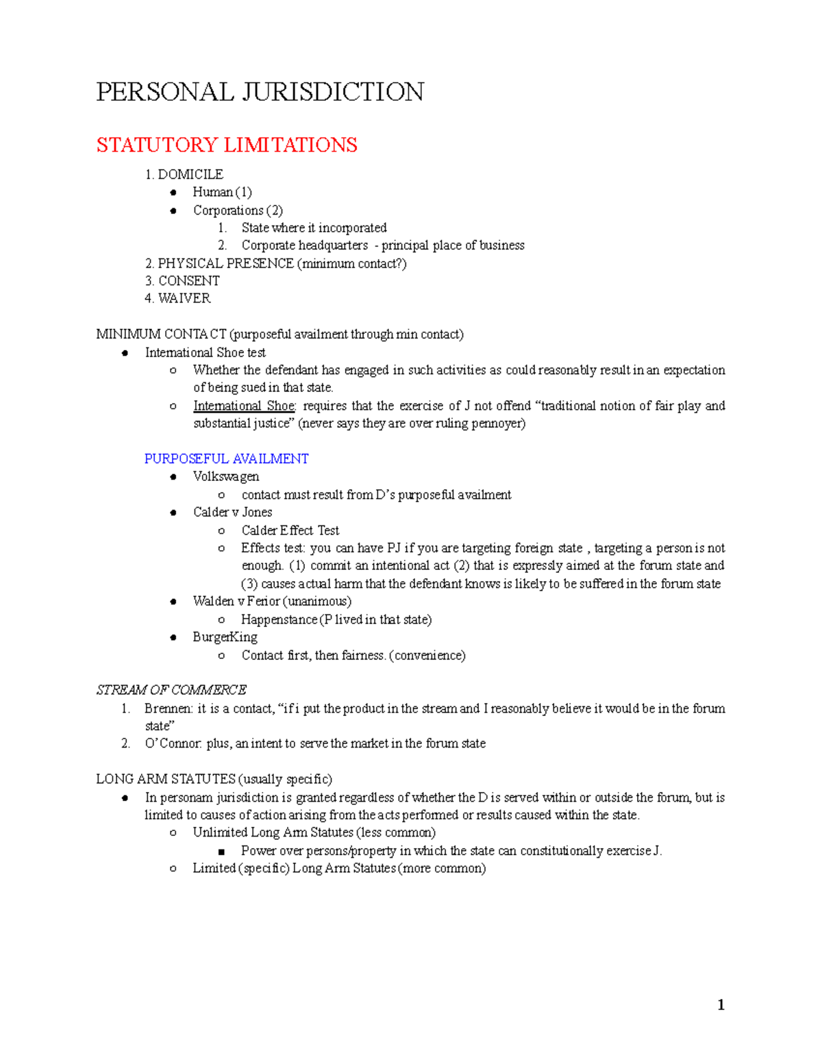 CP outline 2 - n/a - PERSONAL JURISDICTION STATUTORY LIMITATIONS 1 ...
