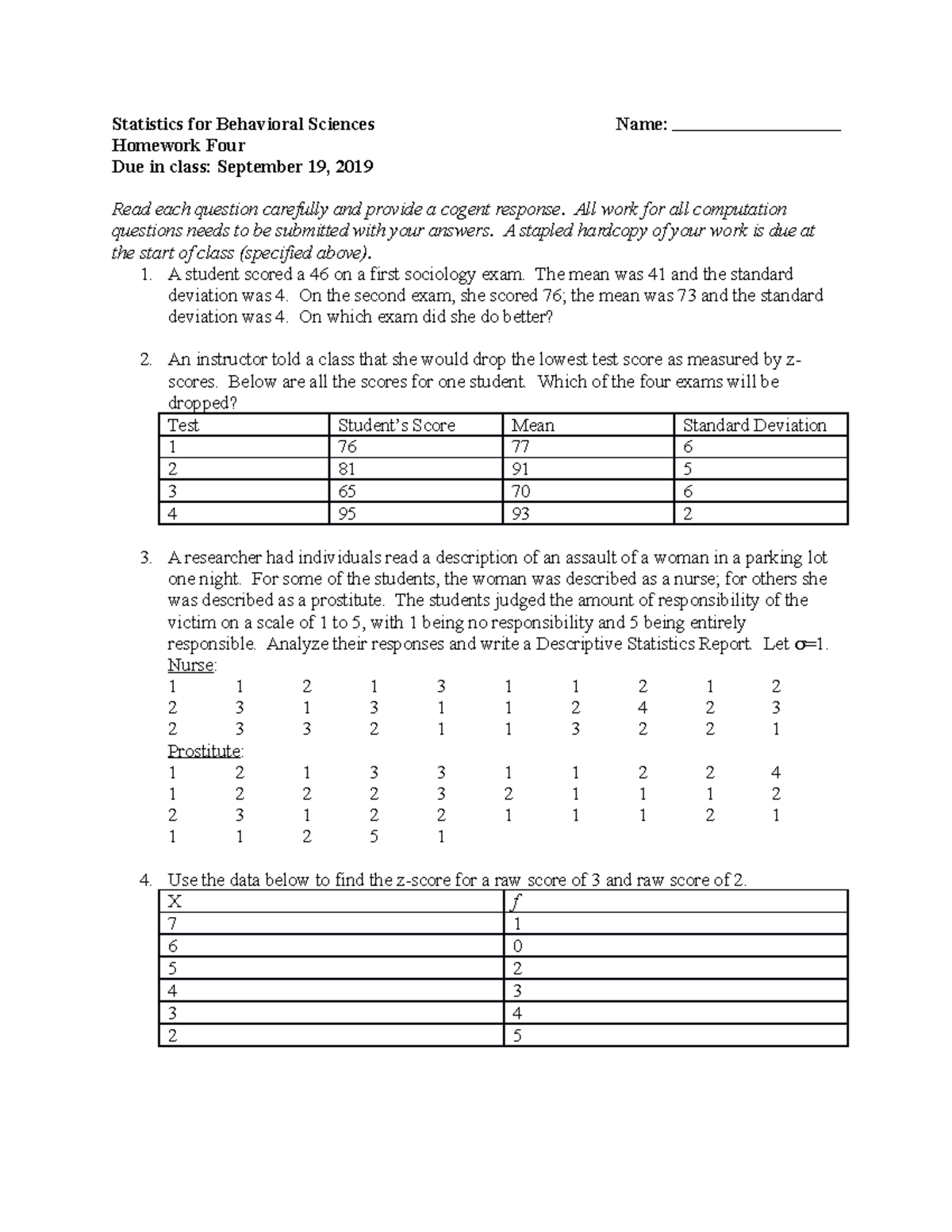 Homework four - Professor Dr. Grady - Statistics for Behavioral ...