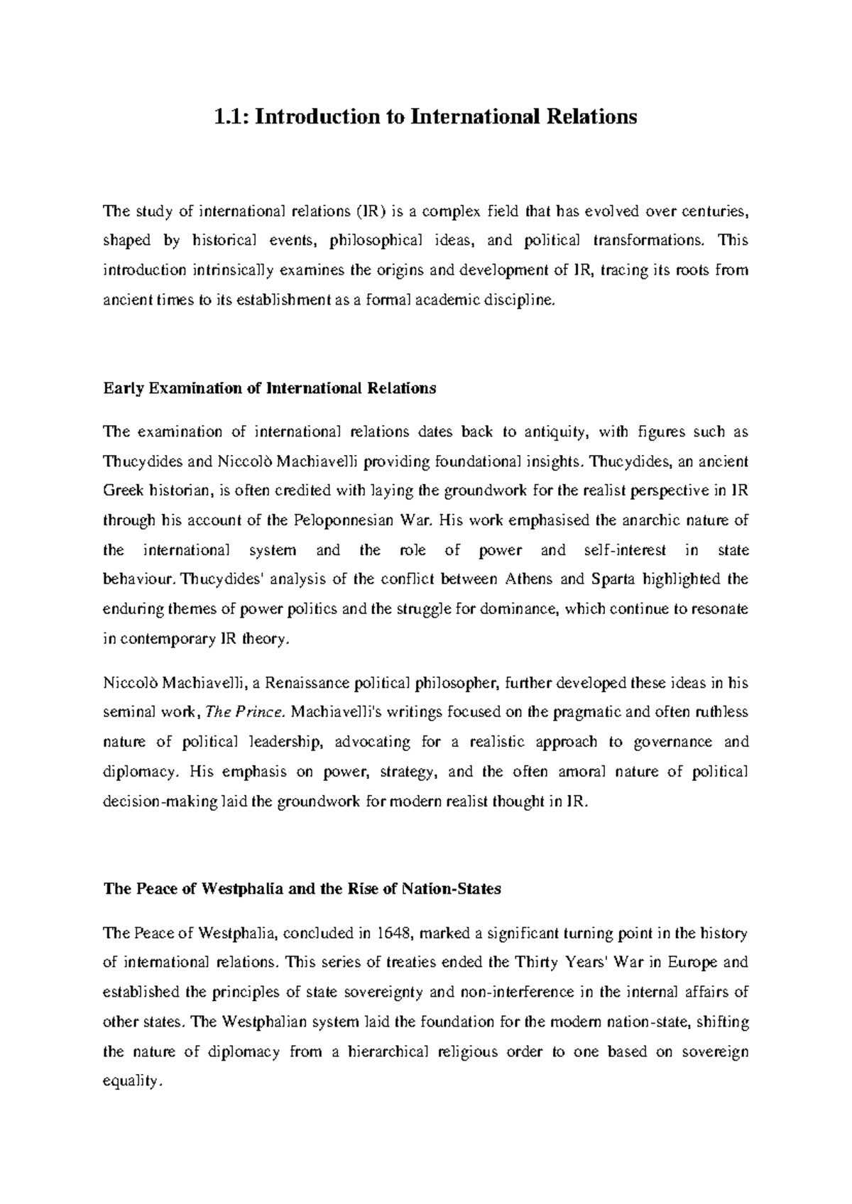 1.1 Introduction to IR - political science notes - 1: Introduction to ...