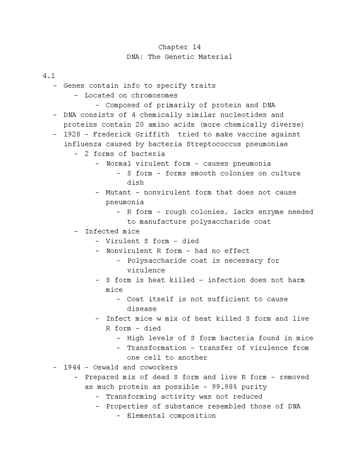 Chapter 14 Notes - Professor: Chris Caridi - Chapter 14 DNA: The ...