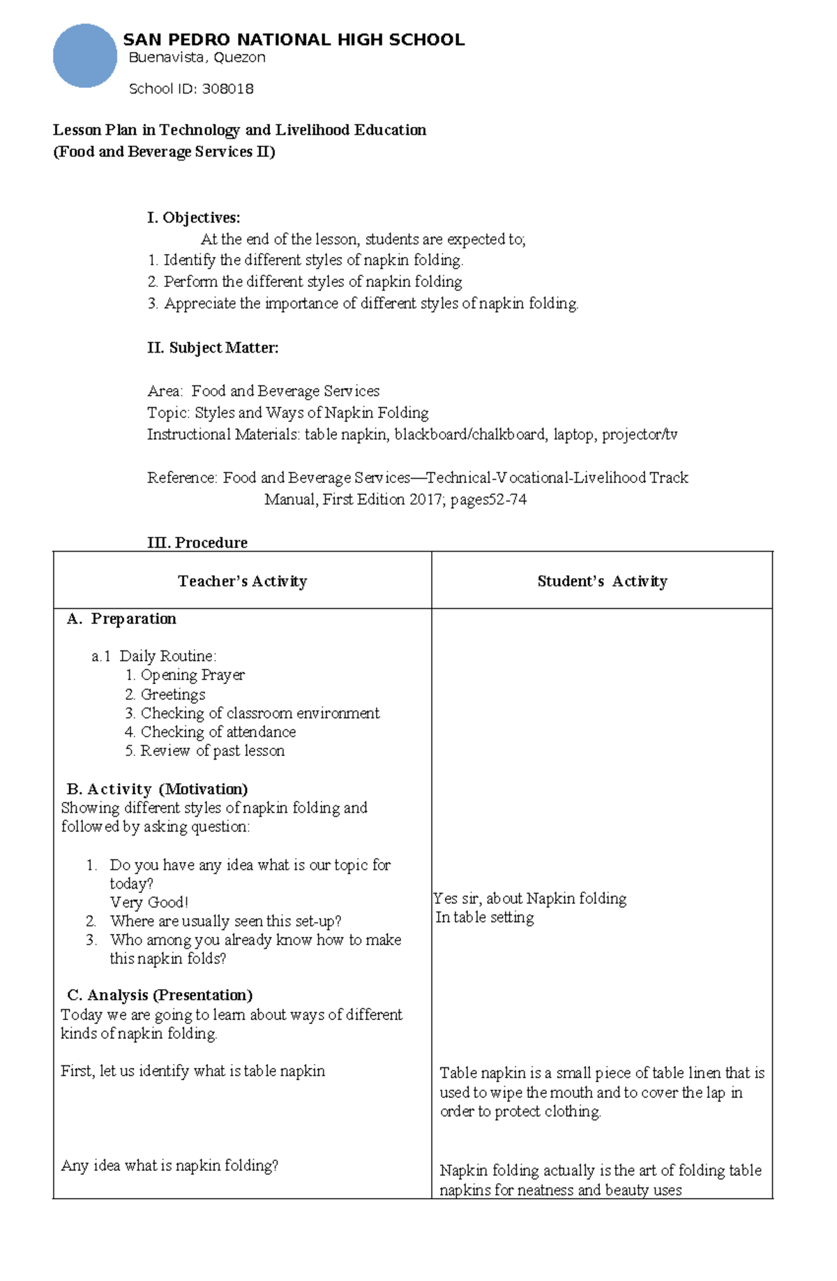 Detailed-lesson-plan-in-tle-napkin-folding 1 - Buenavista, Quezon ...