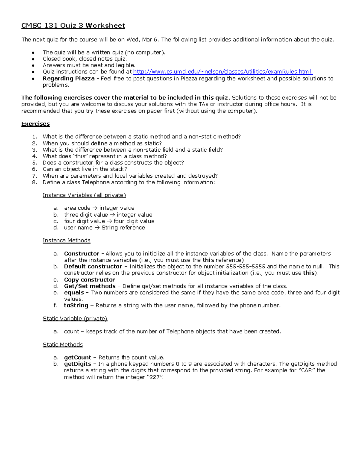 Quiz Worksheet 3 - quiz hint - CMSC 131 Quiz 3 Worksheet The next quiz ...