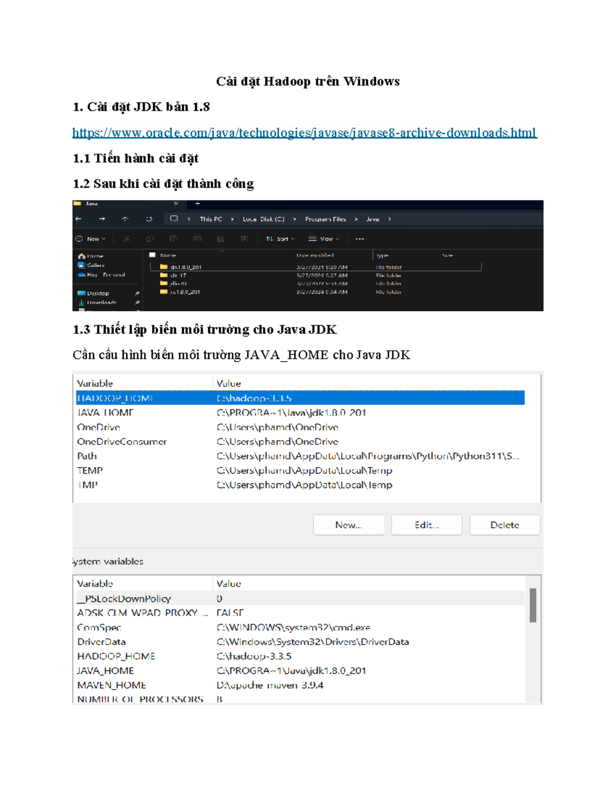 Cài đặt Hadoop trên Windows - Cài đặt Hadoop trên Windows Cài đặt JDK bản 1. - Studocu