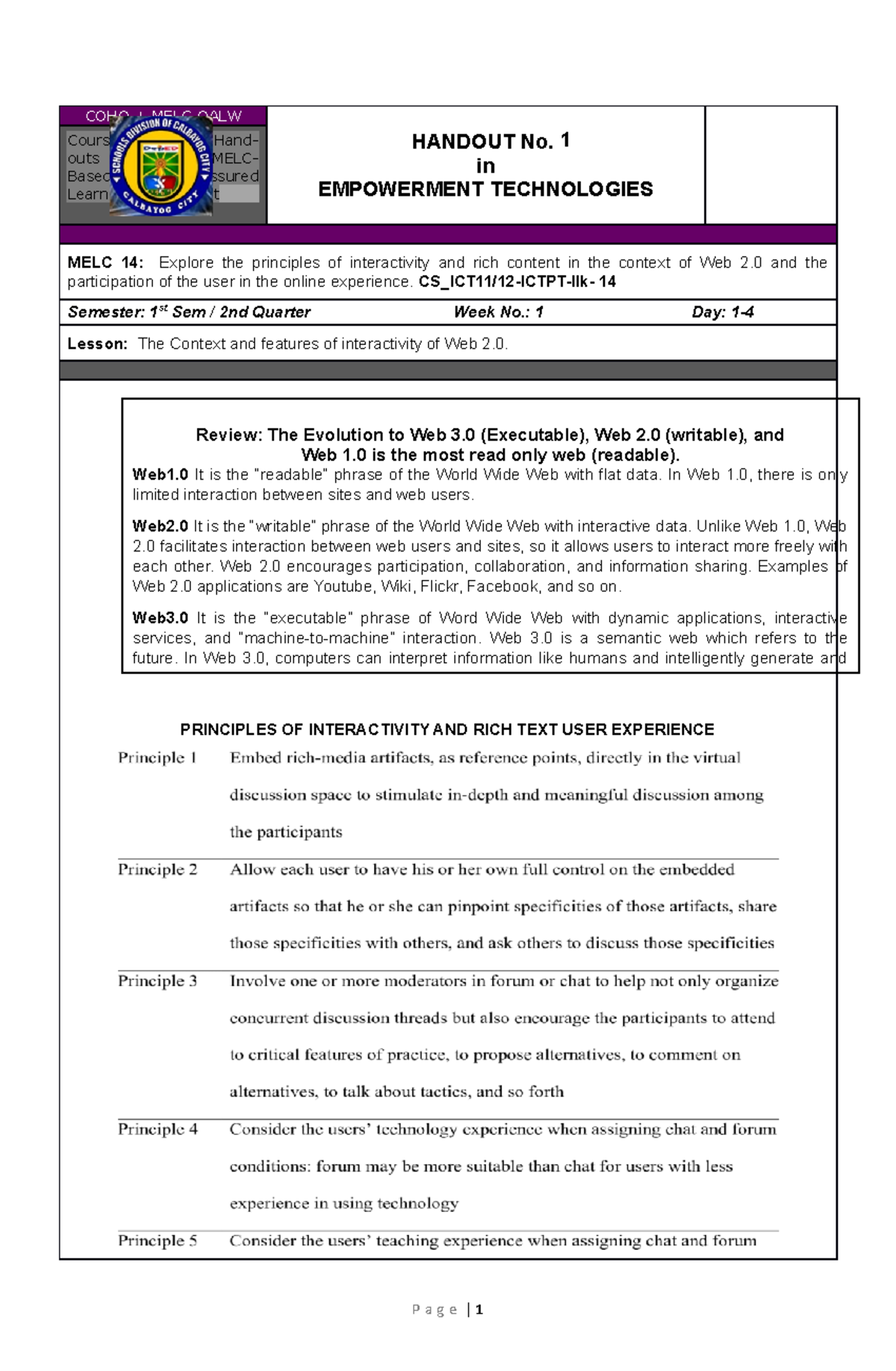Etech Q2 WK1 Handout - Empowerment Tech - COHO + MELC QALW HANDOUT No. in EMPOWERMENT ...