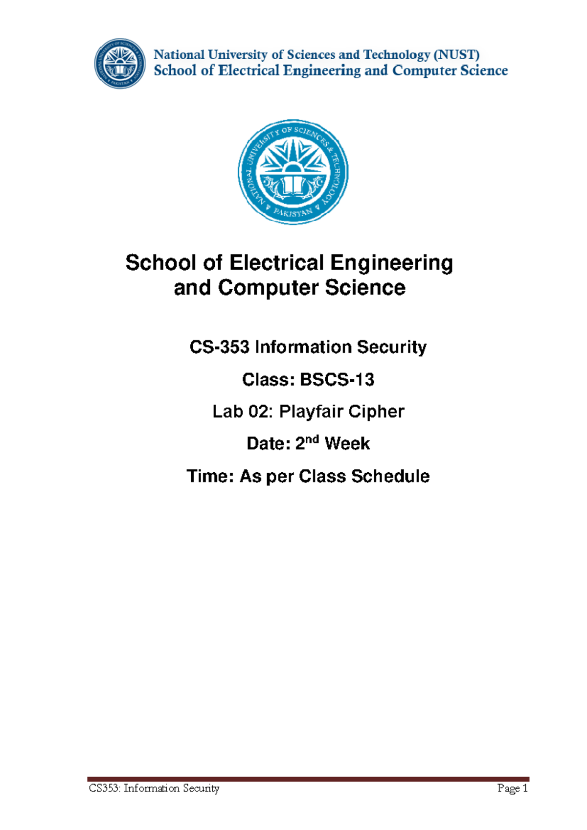 Lab 2-CS-353 Playfair Cipher - School of Electrical Engineering and Computer Science CS- 353 ...