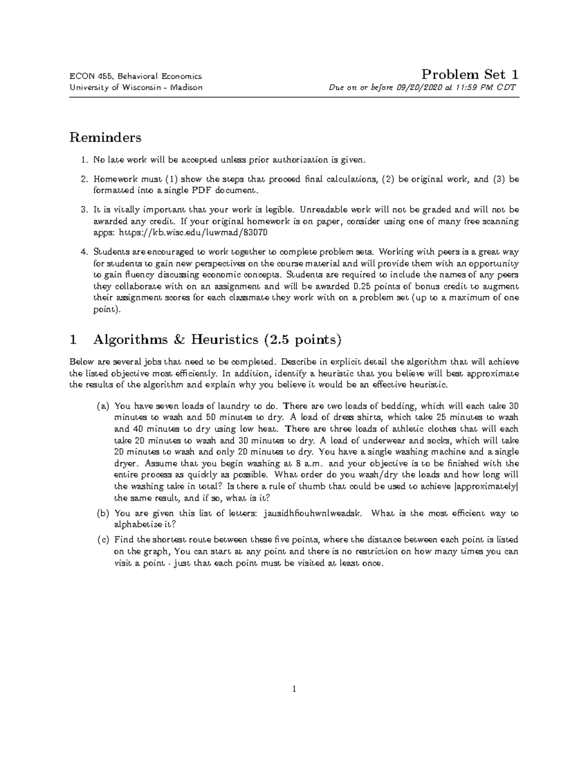 ECON455 PS1 Fall2020 - Exam Preperation material - ECON 455, Behavioral Economics Problem Set 1 ...