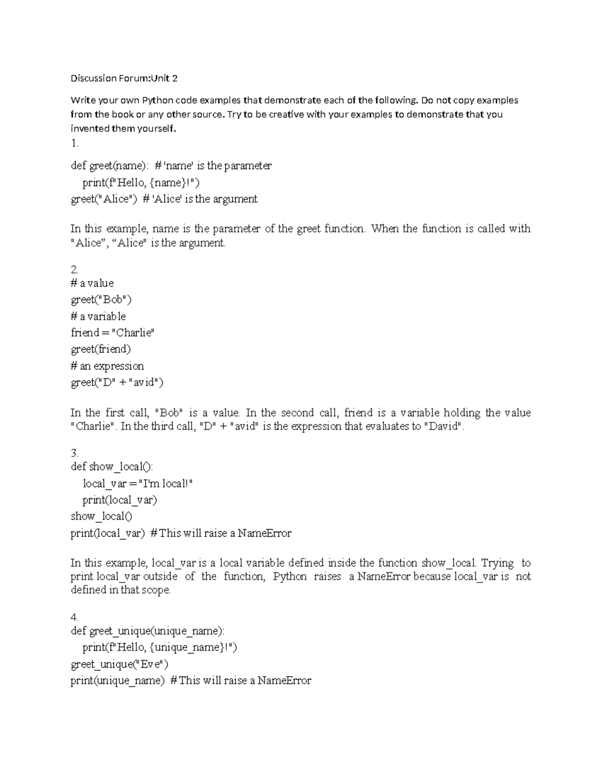 Discussion Forum Unit 2 Answer Discussion Forumunit 2 Write Your Own Python Code Examples