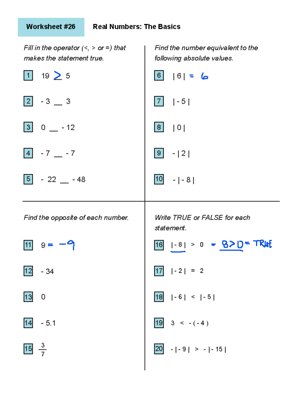 Integers Exercises - Lecture notes 1 - Worksheet #26 Real Numbers: The ...