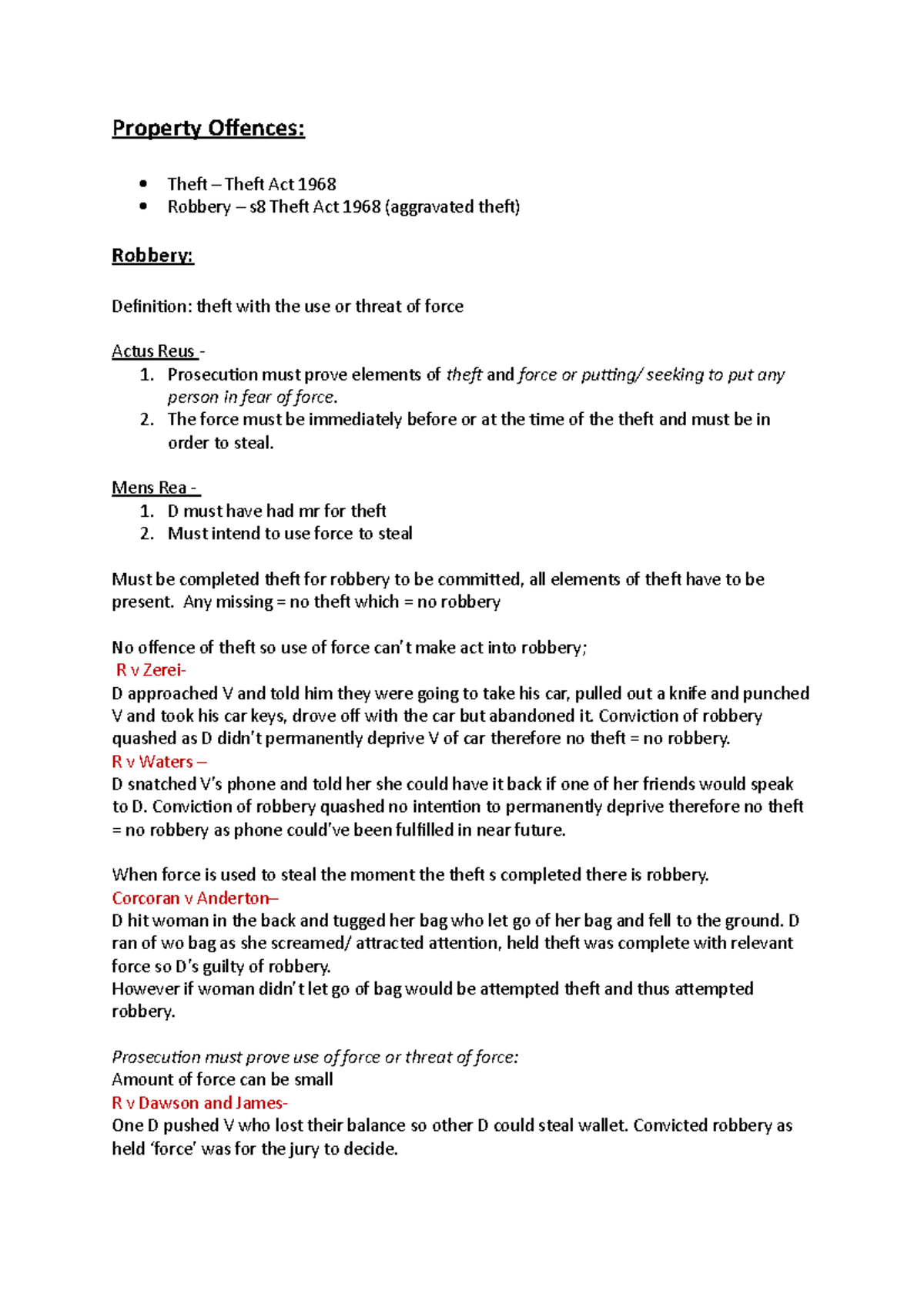 Robbery - Lecture notes 1 - Property Offences: Theft – Theft Act 1968 ...