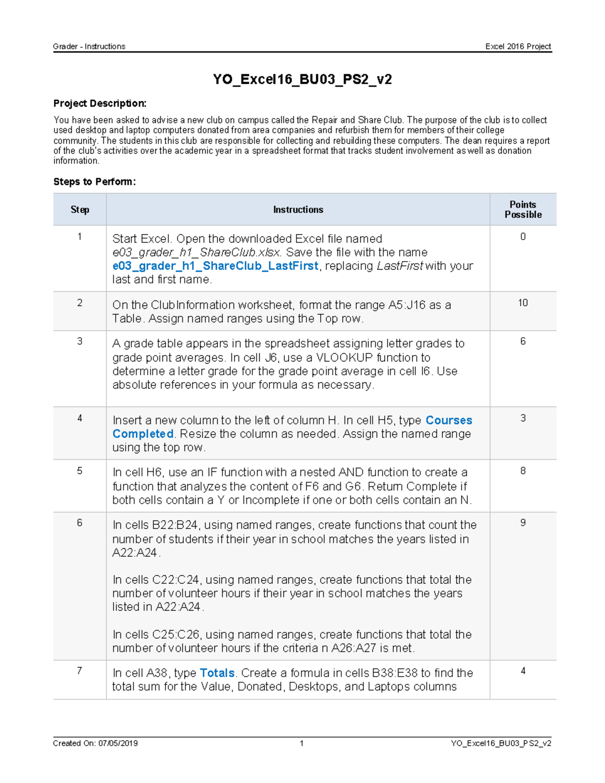 YOExcel 16BU03PS2v2 Instructions - Grader - Instructions Excel 2016 Project YO_Excel16_BU03_PS2 ...