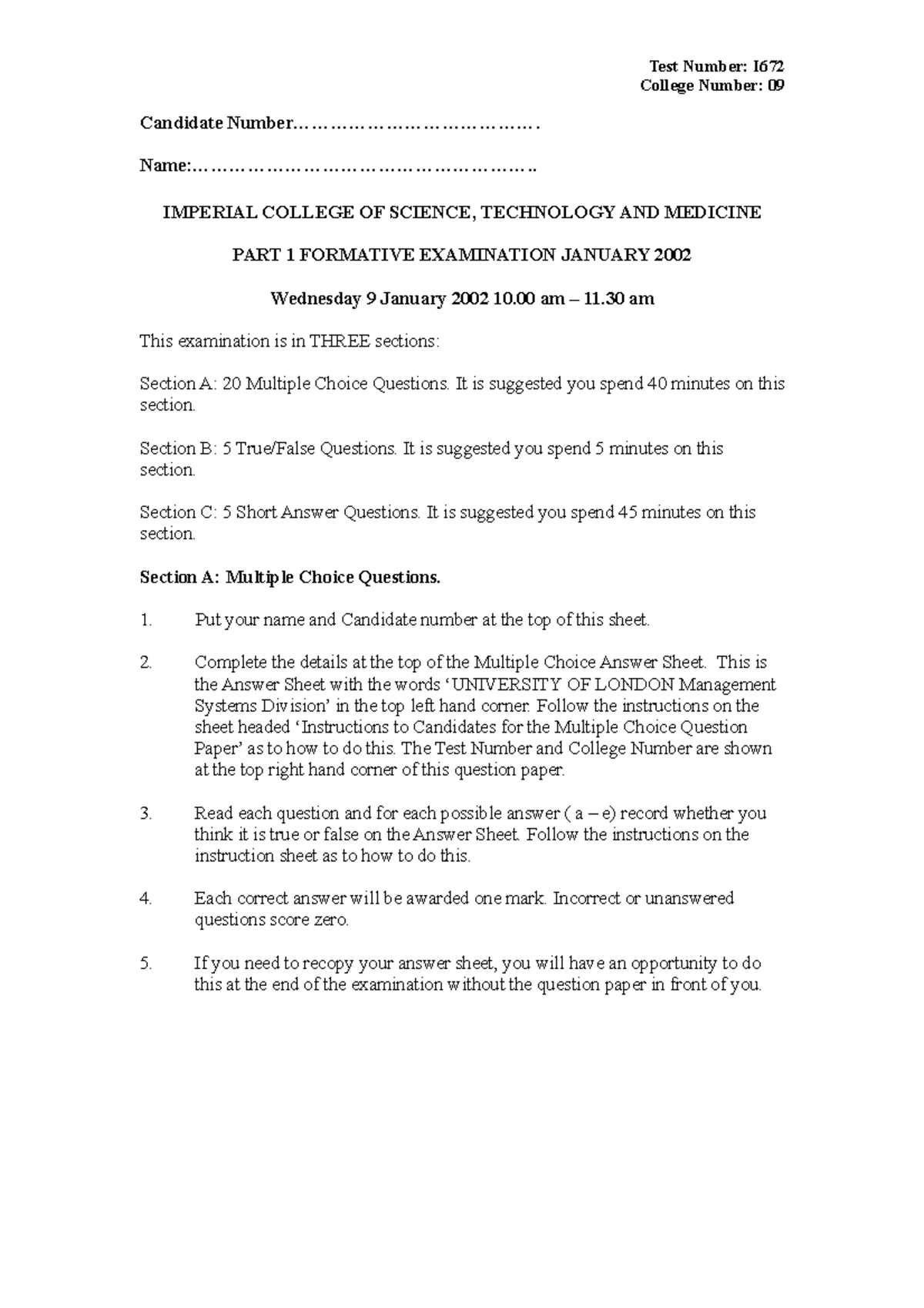 Sample/practice exam 2015, questions and answers - Test Number: I ...