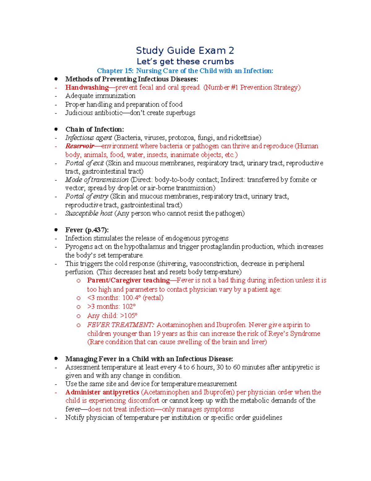 Study Guide Exam 2 - PSYCH - Study Guide Exam 2 Let’s get these crumbs Chapter 15: Nursing Care ...