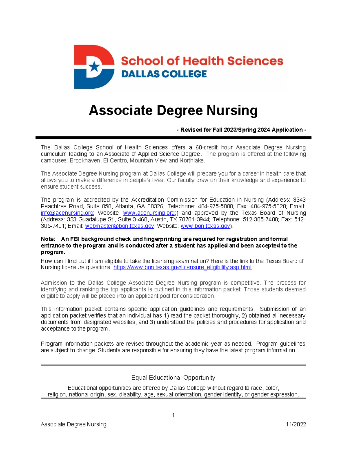Dallas college adn nursing program information packet ada - Associate ...