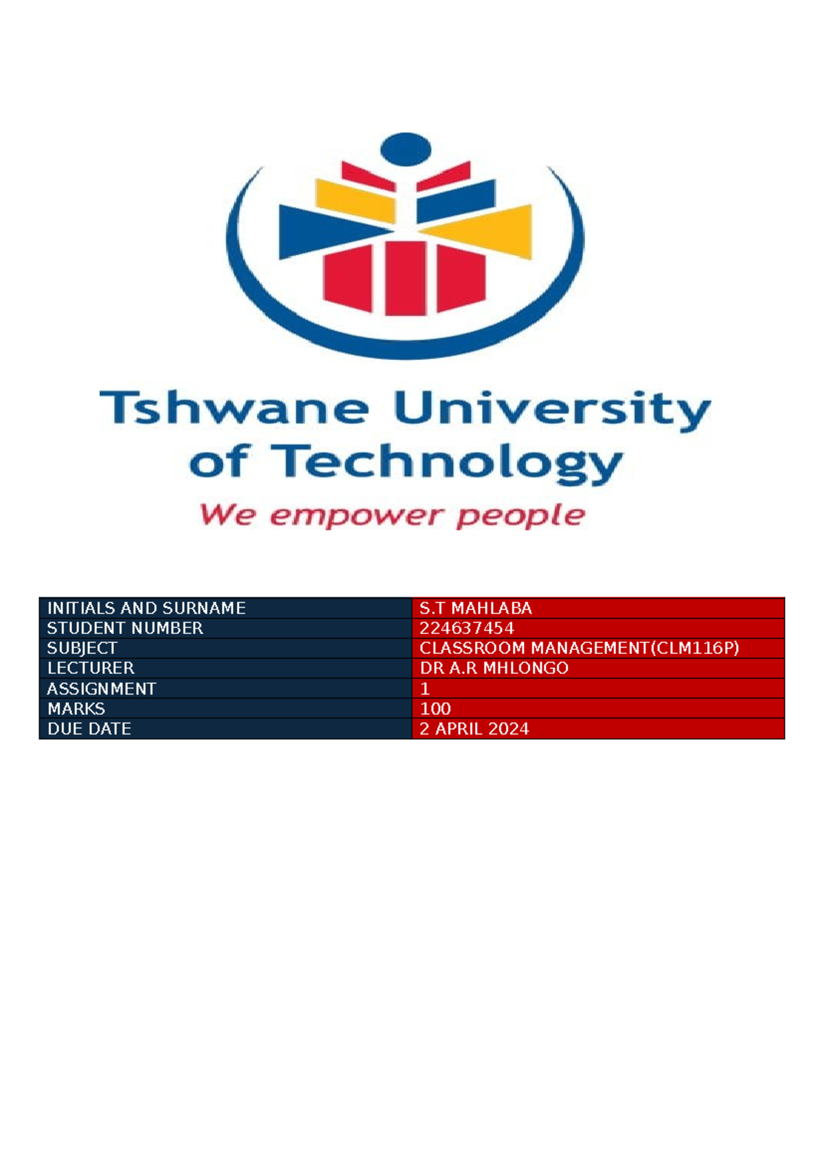 CLM - BPFN20 - INITIALS AND SURNAME S MAHLABA STUDENT NUMBER 224637454 ...