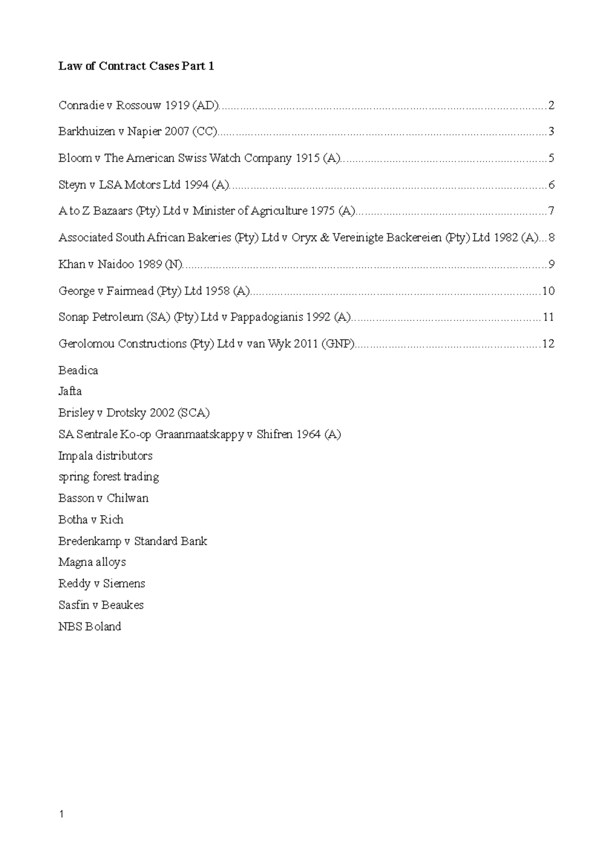 Contract Cases Part 1 - These are great summaries of the prescribed ...
