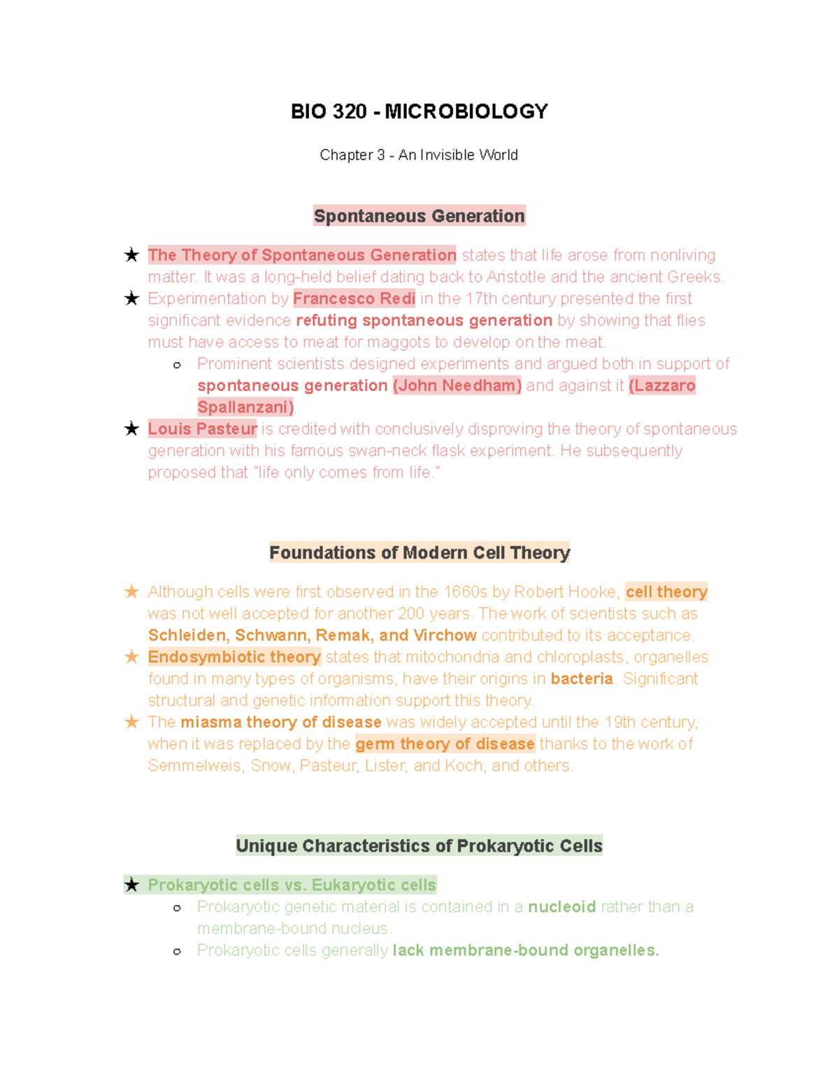 Micro B 3 - BIO 320 - MICROBIOLOGY Chapter 3 - An Invisible World Spontaneous Generation ★ The ...
