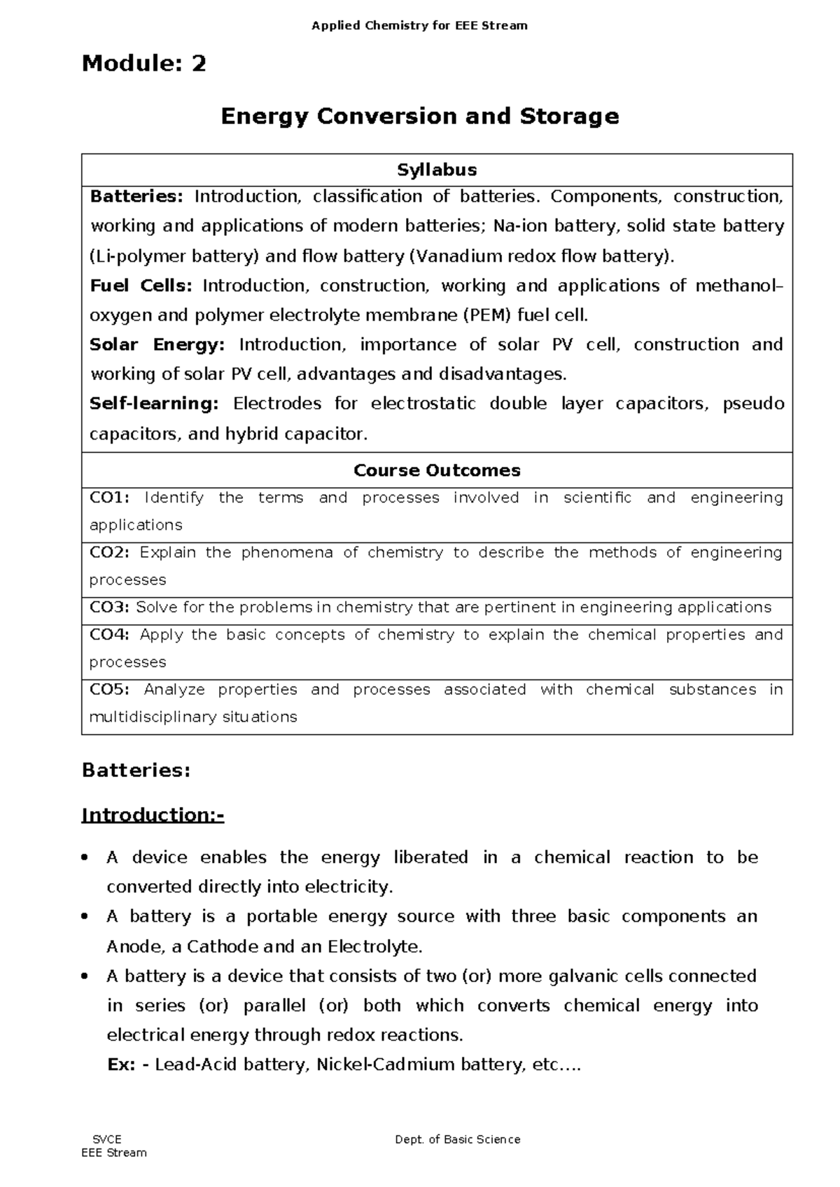 Module 2 - Module: 2 Energy Conversion and Storage Syllabus Batteries ...
