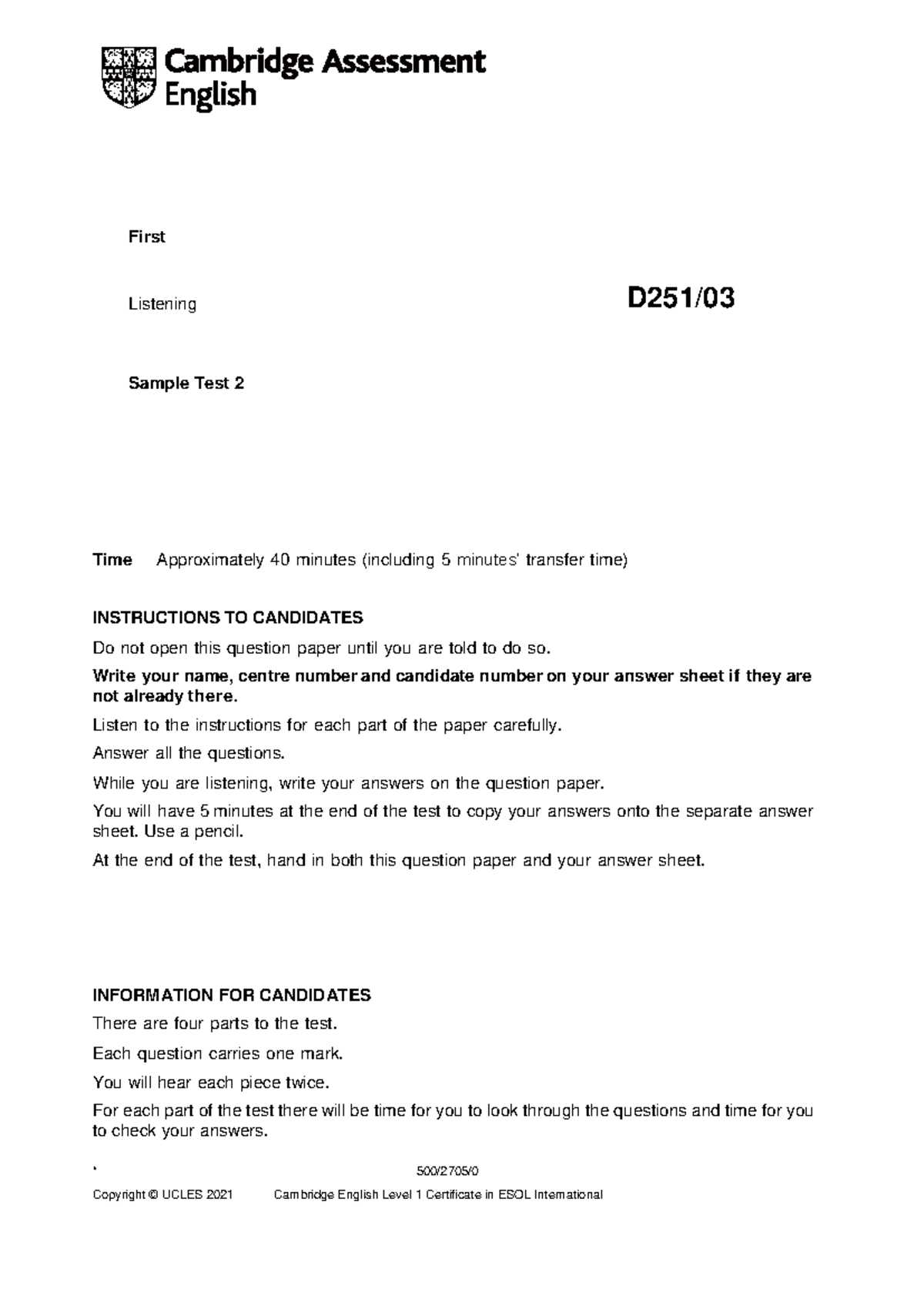 B2 First sample paper 2 Listening - First Listening D251/ Sample Test 2 ...