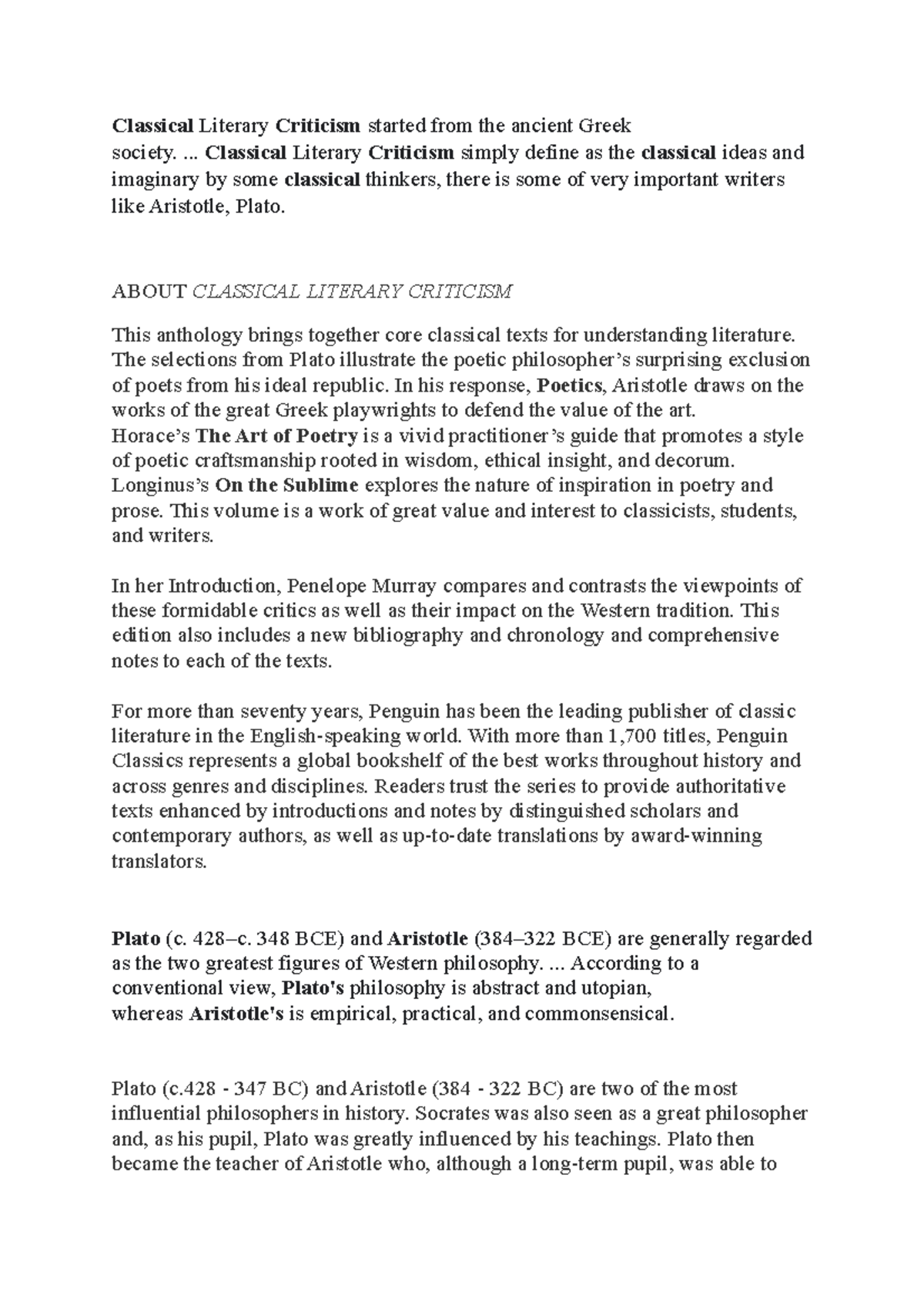 Literaary Criticism UNIT 2 - Classical Literary Criticism started from ...