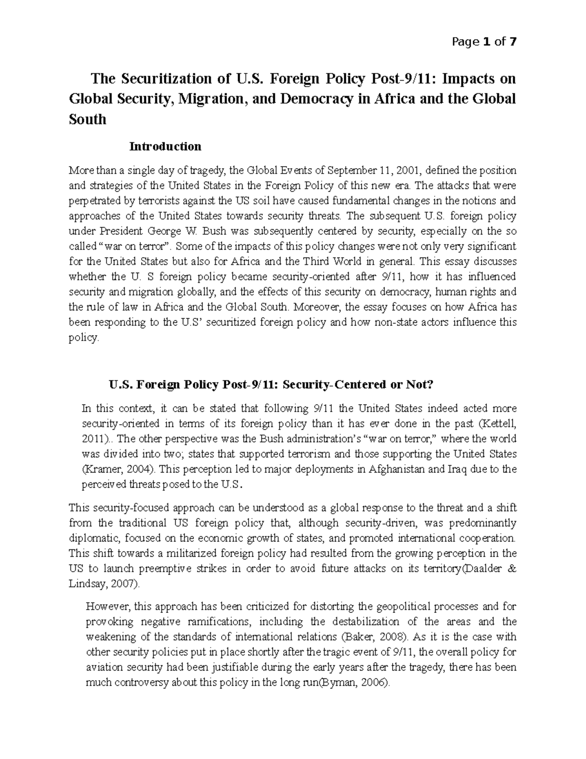 Assignment 1 - The Securitization of U. Foreign Policy Post-9/11 ...