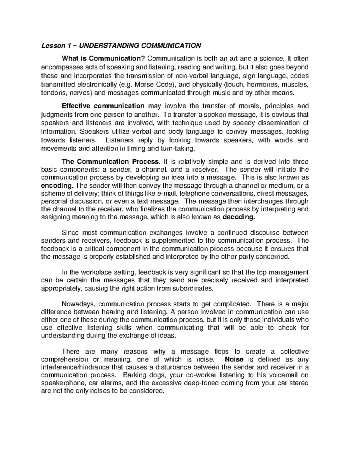 Lesson 1 Understanding Communication - Lesson 1 – UNDERSTANDING ...