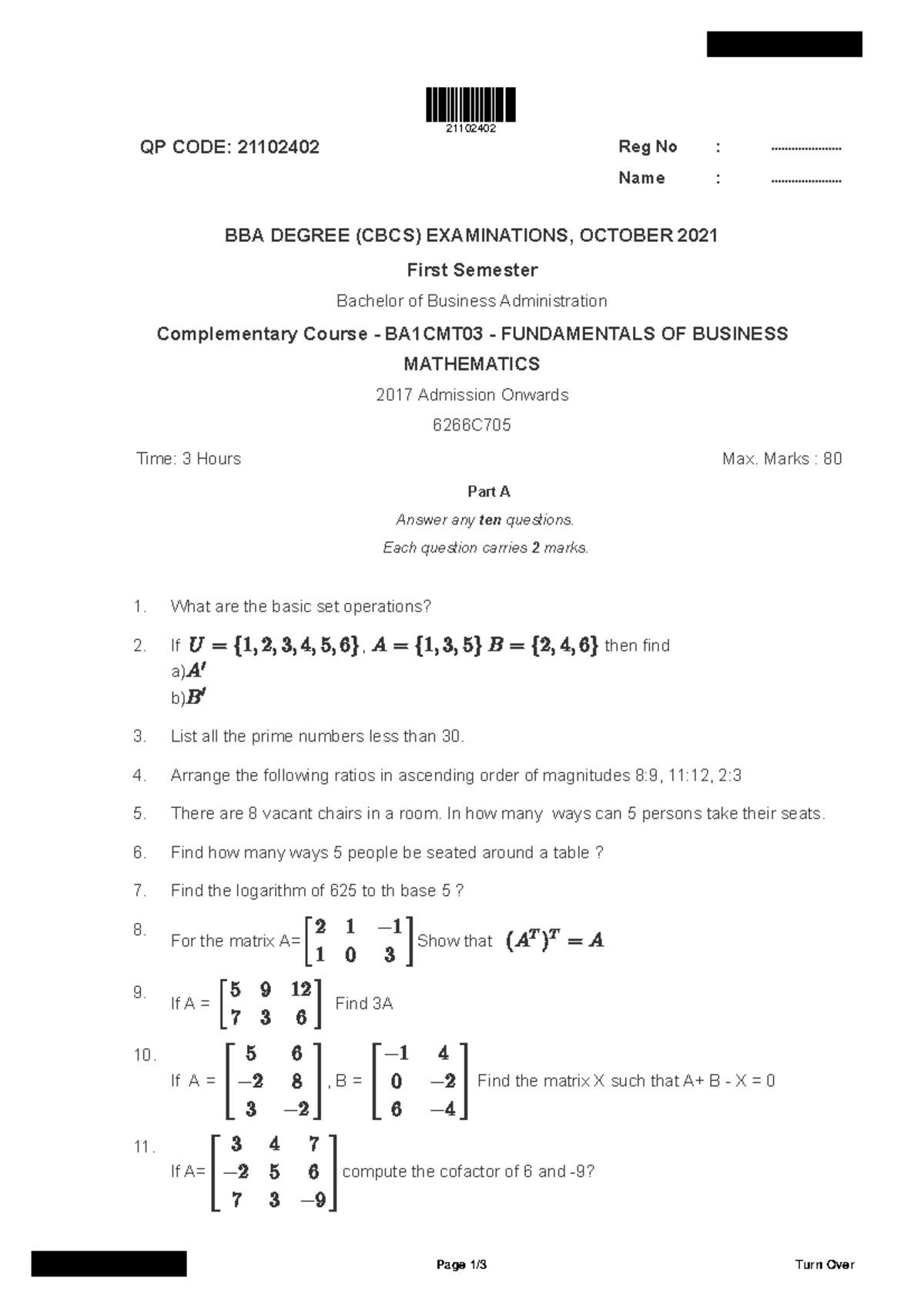 Bba 1 sem fundamentals of business mathematics 21102402 oct 2021 - QP ...