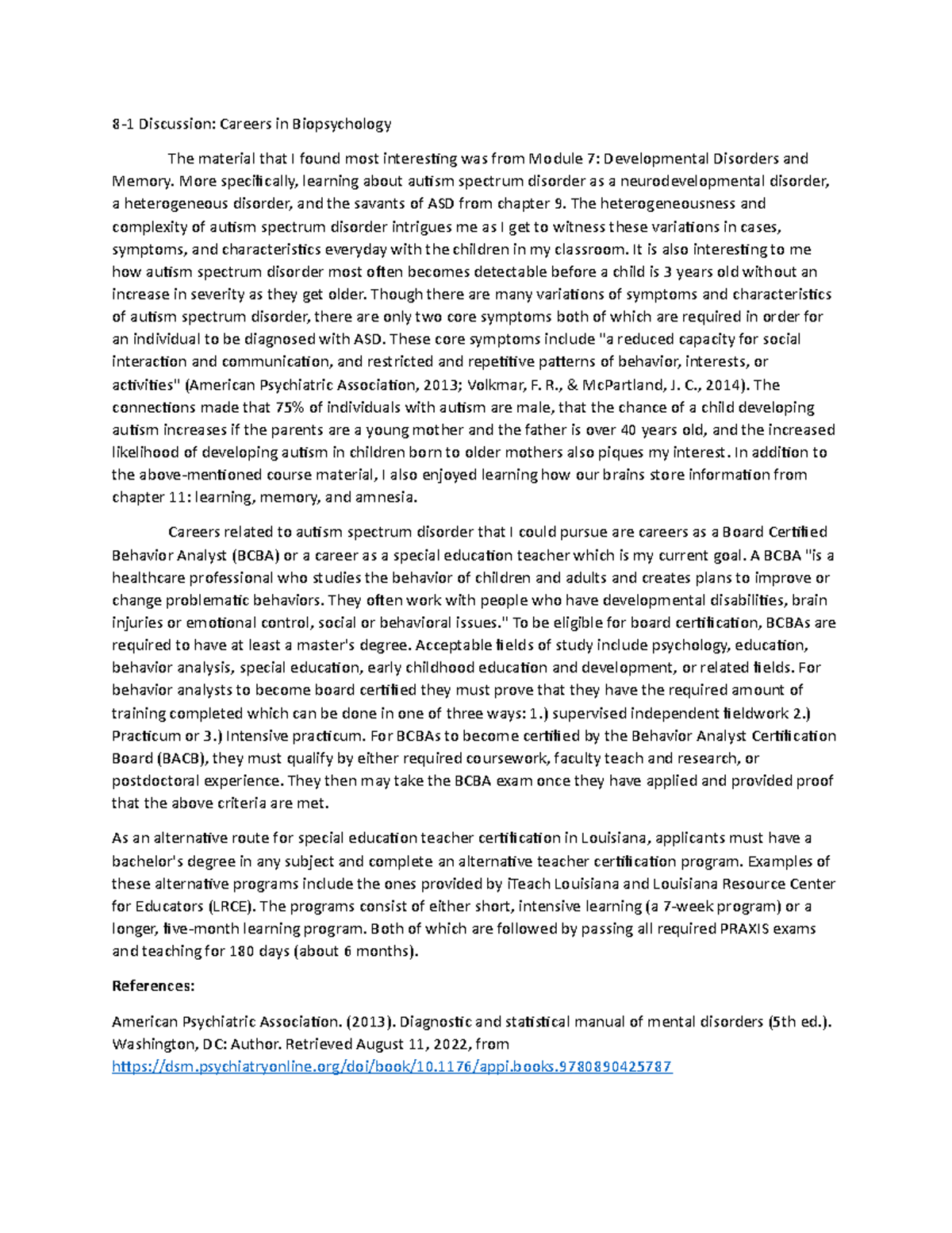 8-1 Discussion Careers in Biopsychology - More specifically, learning ...