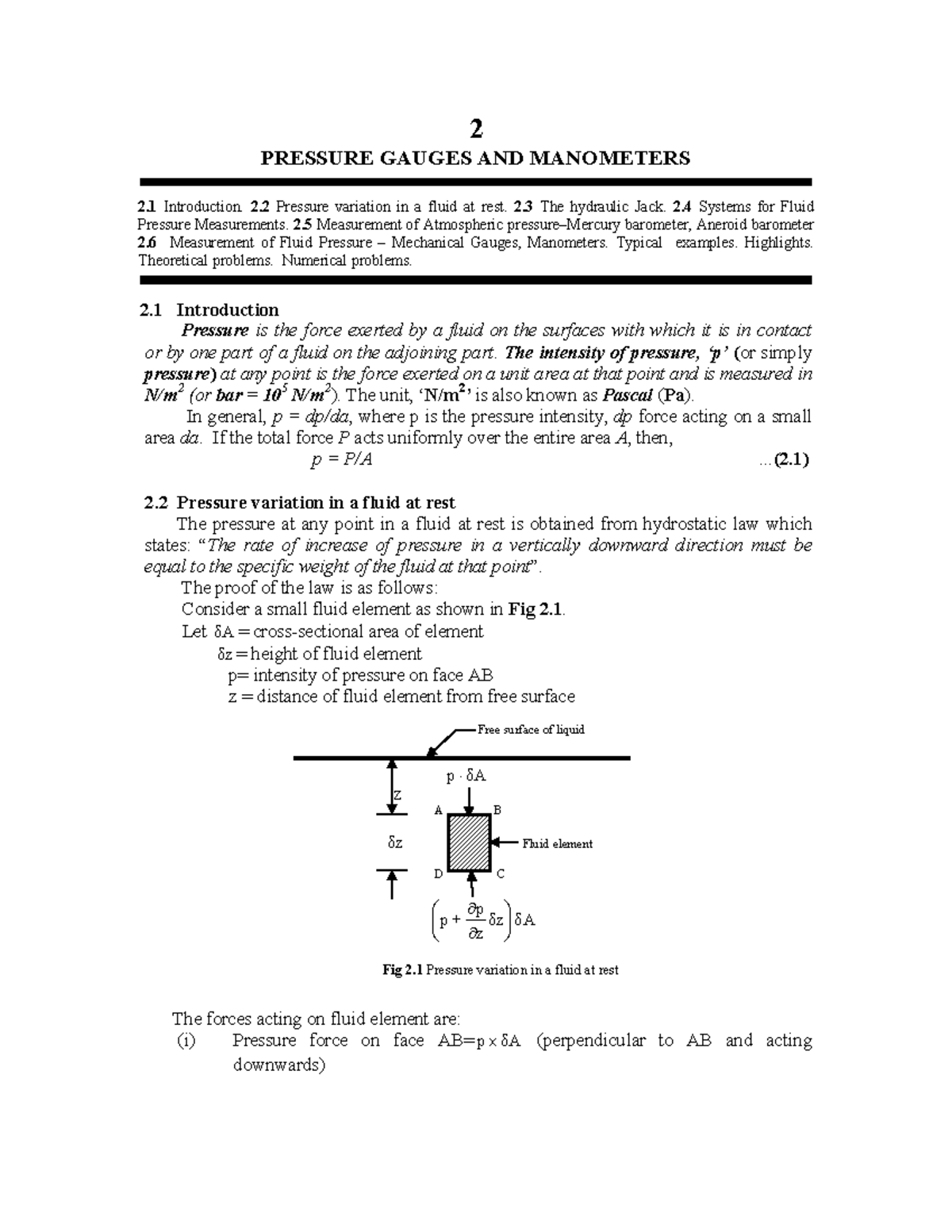 Pressure AND ITS Measurement - PRESSURE GAUGES AND MANOMETERS ####### 2 ...