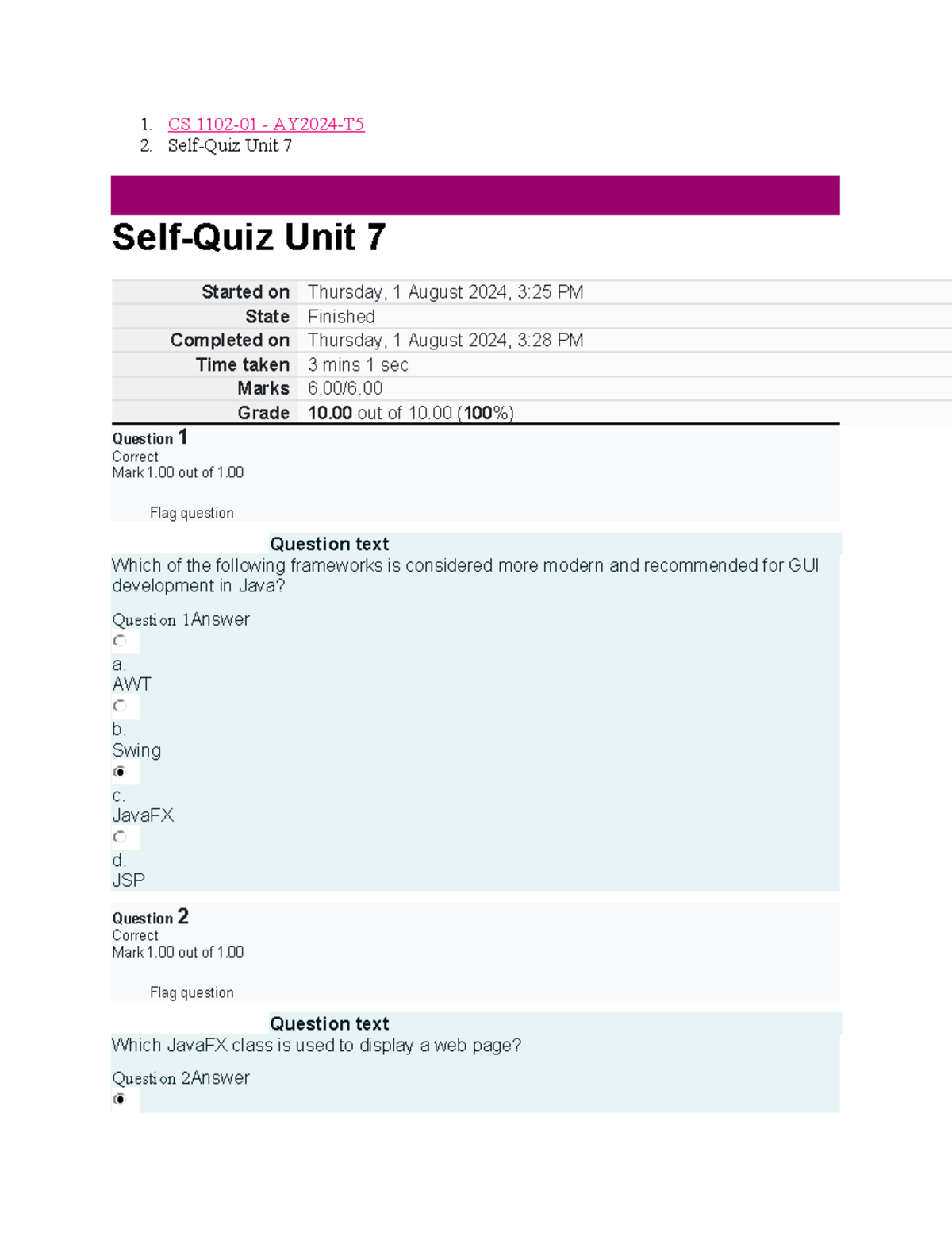 CS 1102 Wk 7 Self Quiz - Sample Quizs for Week 7 of Java Course from UoPeople - 1. CS 1102-01 ...