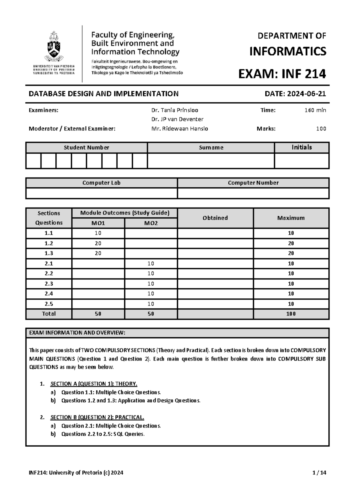 Exam Final Memo - DEPARTMENT OF INFORMATICS EXAM: INF 214 DATABASE ...