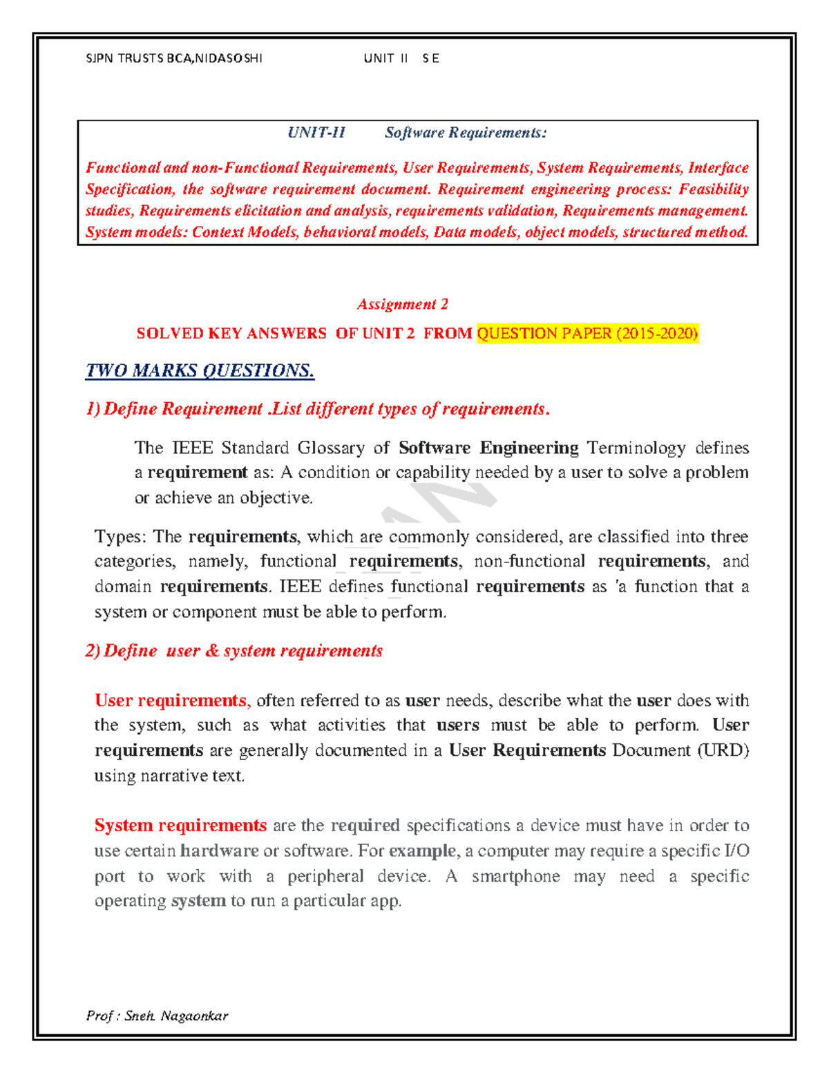 Unit 2 solved key answers 2020 - UNIT-II Software Requirements ...