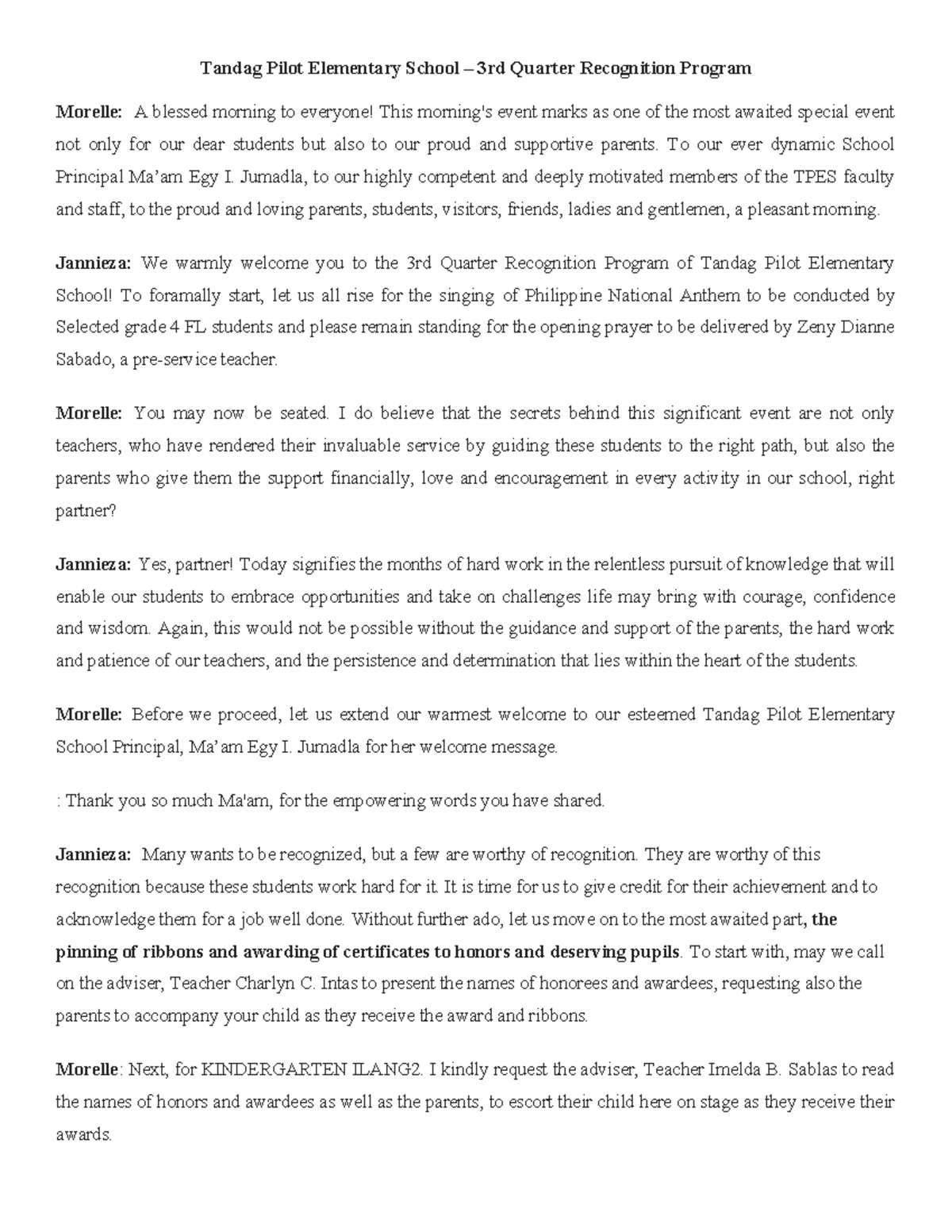 3RD- Recognition- Script - Tandag Pilot Elementary School – 3rd Quarter ...