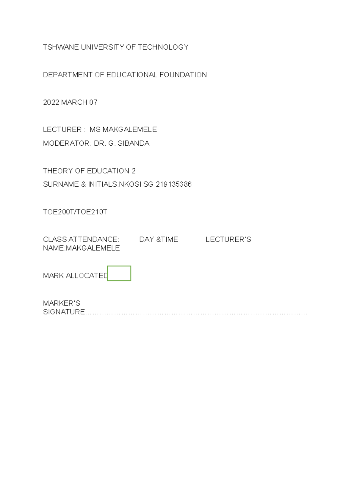 Tep assignment 1 nkosi sg 219135386 - TSHWANE UNIVERSITY OF TECHNOLOGY DEPARTMENT OF EDUCATIONAL ...