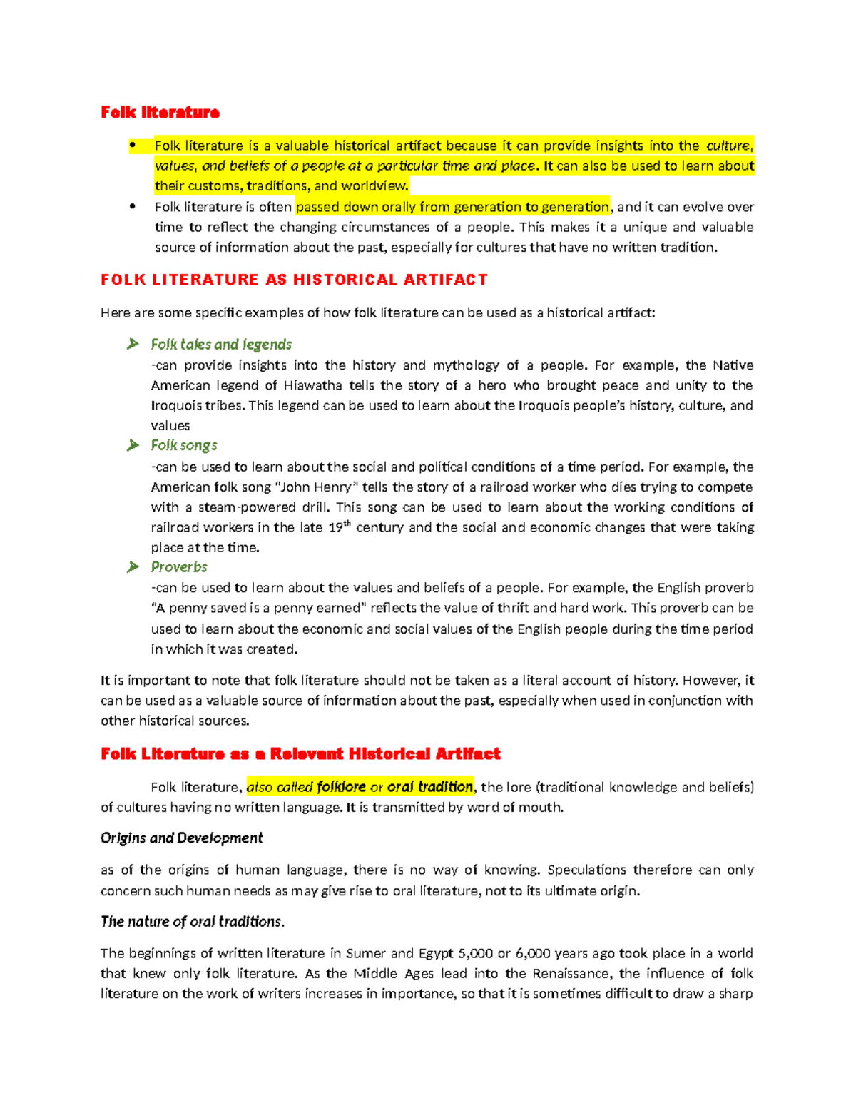 Mythology and Folklore Module - Folk literature Folk literature is a ...