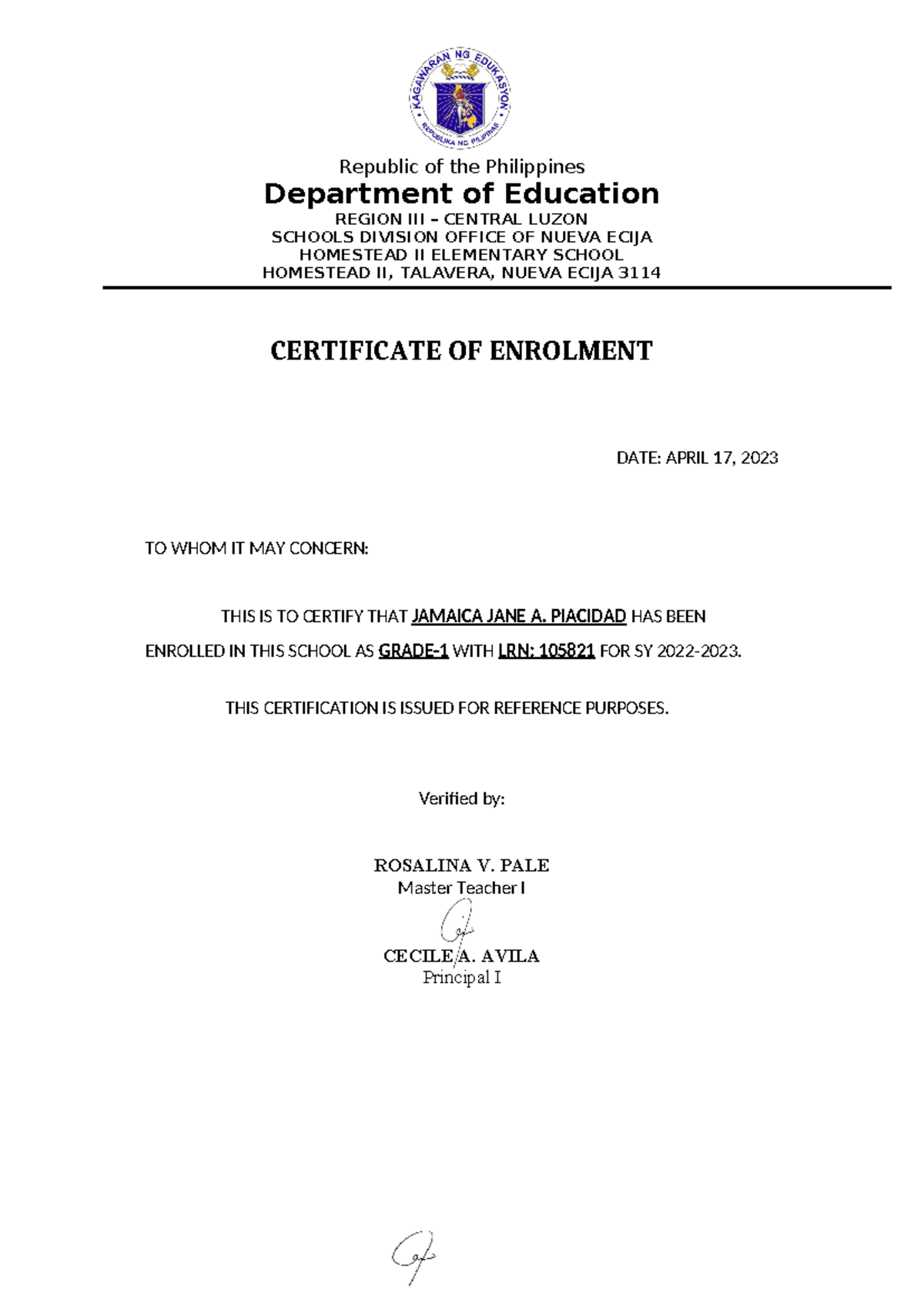 Certificate OF Enrolment 4ps - Republic of the Philippines Department ...