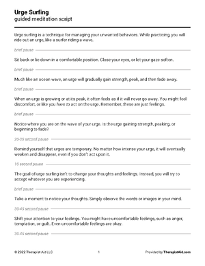 Urge-surfing-handout - Urge Surfing © 2 021 Therapist Aid LLC Provided ...