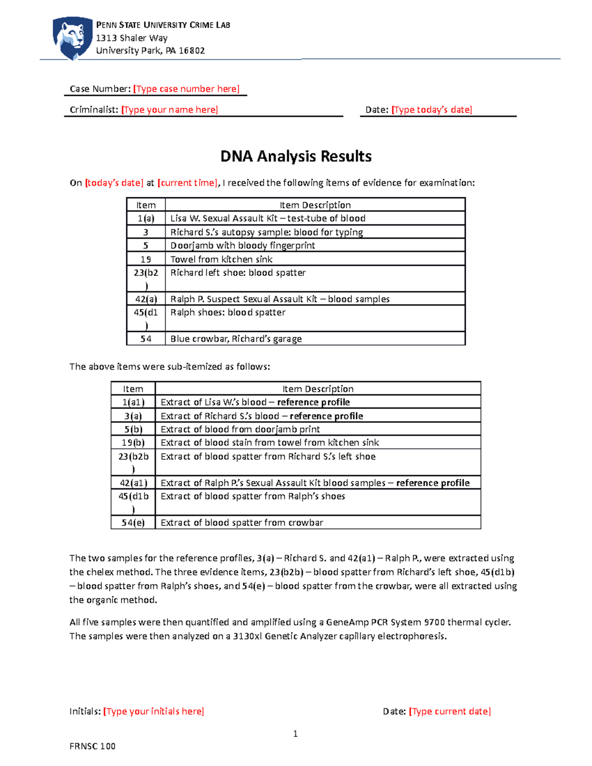 Case Notes - DNA Analysis Results-1 - 1313 Shaler Way University Park ...