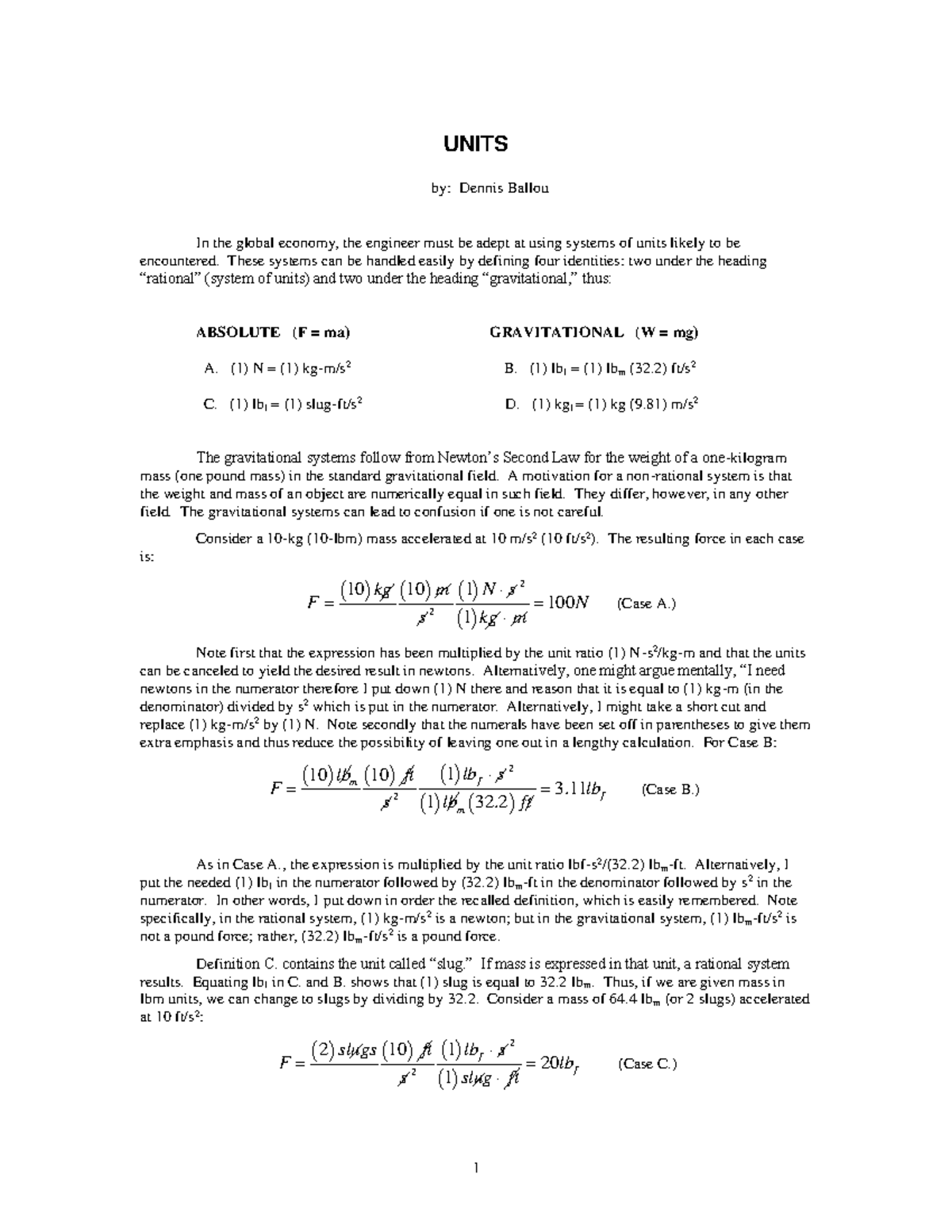 How to handle Units - UNITS by: Dennis Ballou In the global economy ...