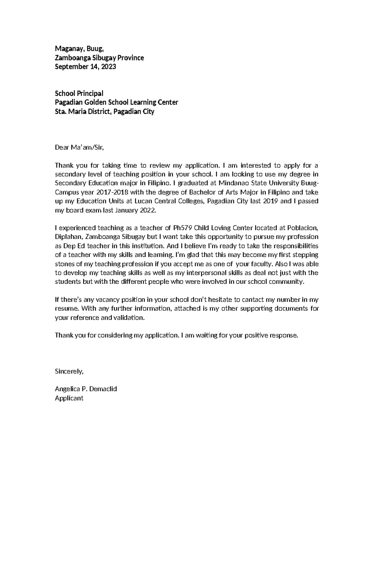 Application Letter - To use as lesson guide - Maganay, Buug, Zamboanga ...