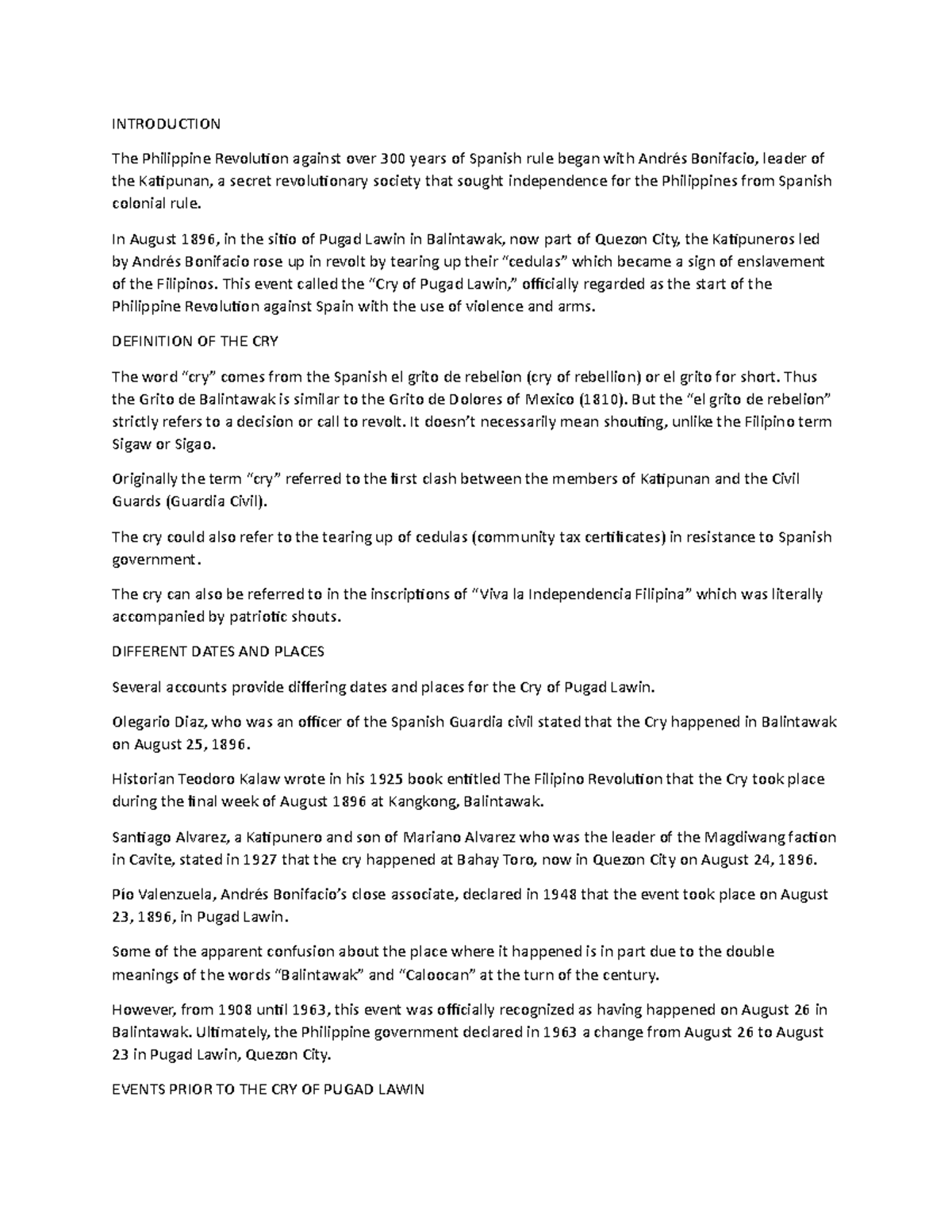 RPH TS - All about "Cry of Balintawak" - INTRODUCTION The Philippine Revolution against over 300 ...