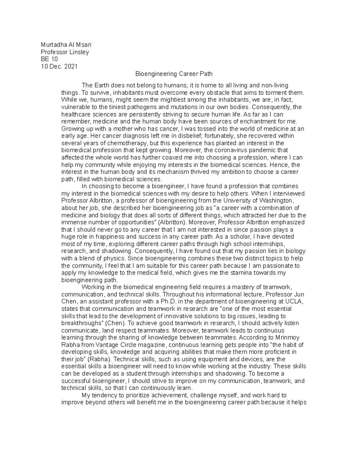 Career Essay for Professor Timothy Deming - Murtadha Al Msari Professor ...