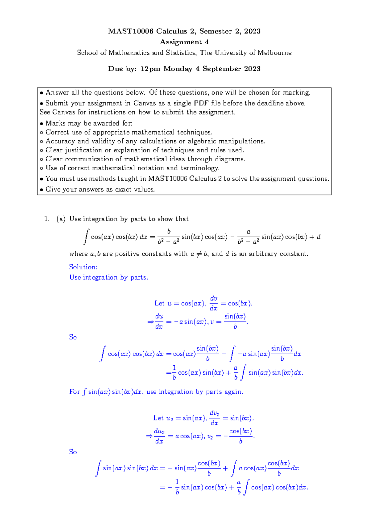 Assignment 4 Marking Scheme-1 - MAST10006 Calculus 2, Semester 2, 2023 ...