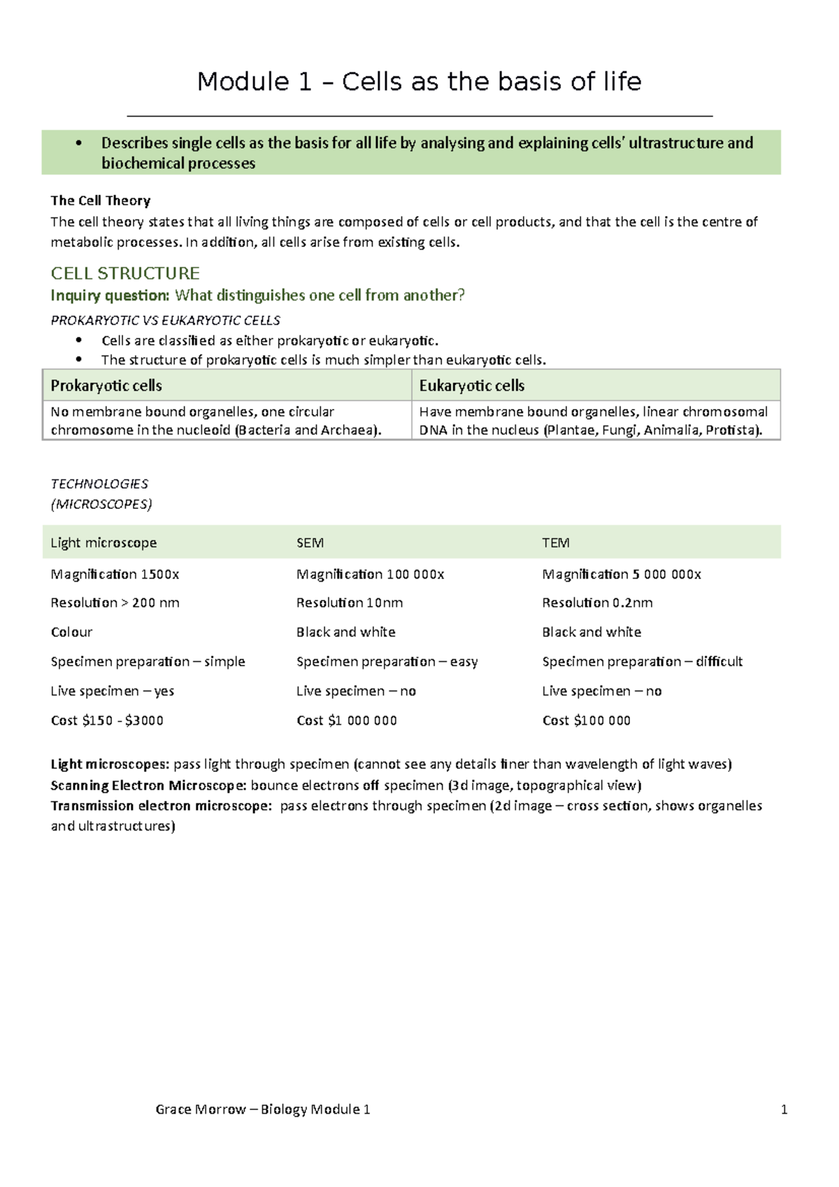 Bio module 1 notes - Module 1 – Cells as the basis of life - Studocu